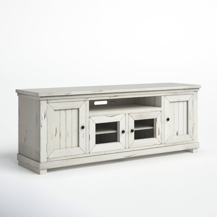 Distressed White Solid Pine 74" Rustic Media Console with Cabinet • Spoken