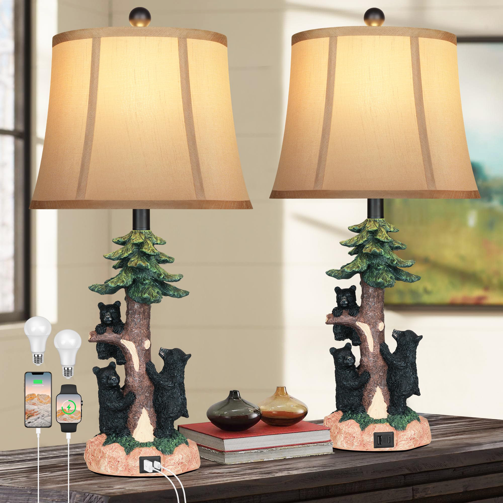 Millwood Pines Rustic Farmhouse Climbing Bear Table Lamps Set Of 2 For ...