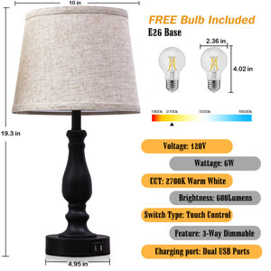 Charlton Home® Table Lamp Set With 3 Way Dimmable Touch Desk Lamp ...