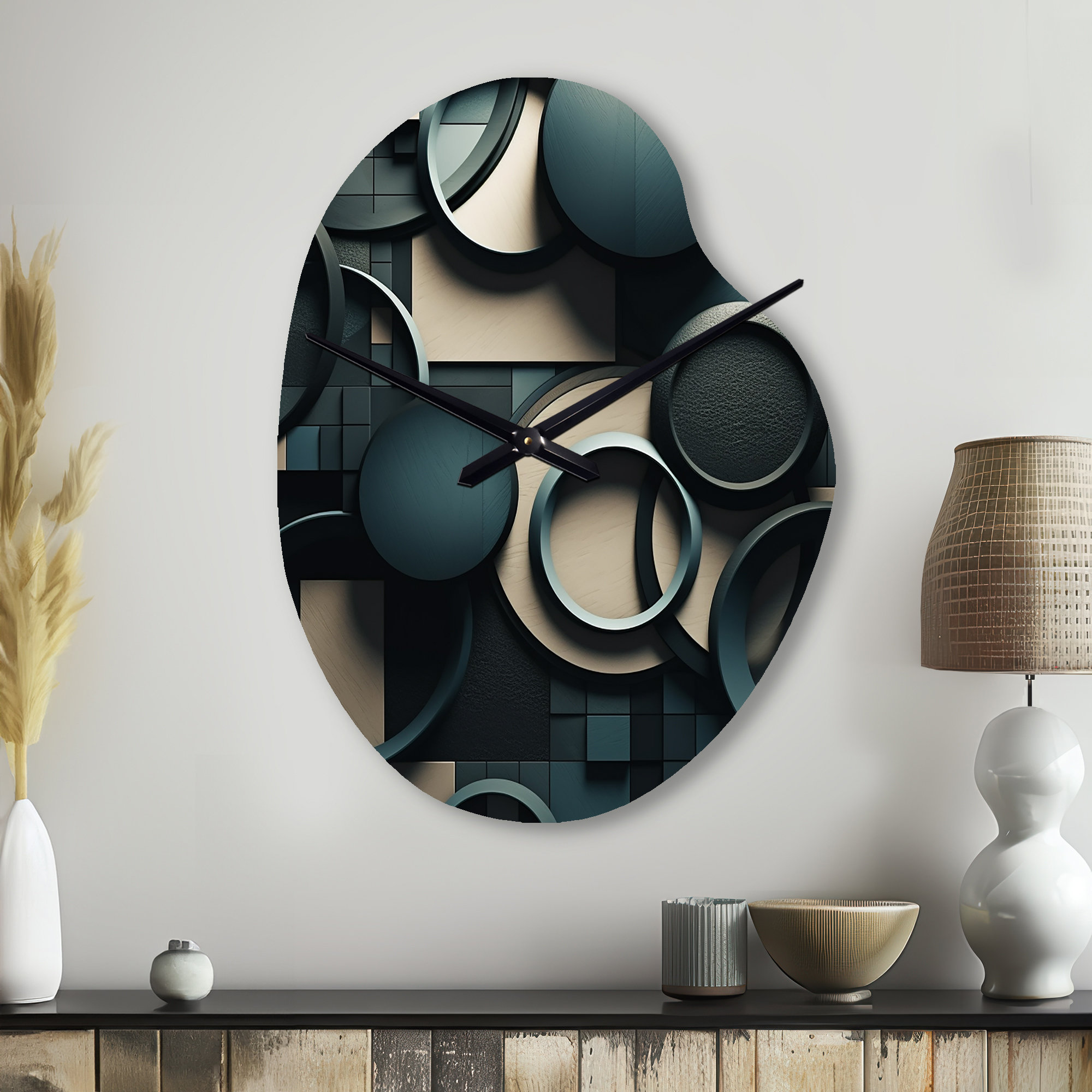 Design Art Teal Fragmented Forms - Cubism Unique Shape Metal Wall Clock ...