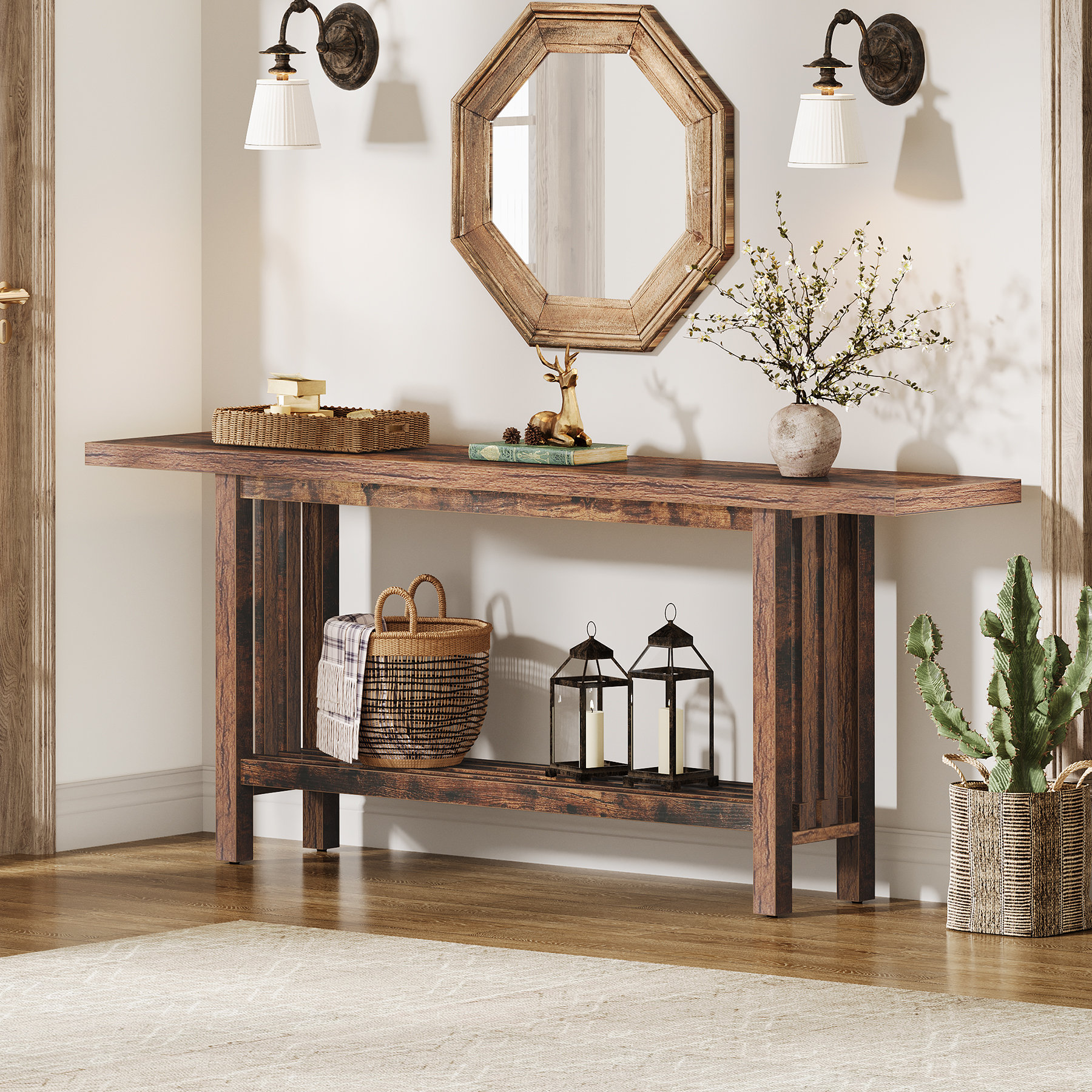 Millwood Pines Fizaa 2-Tier Farmhouse Console Table with Storage Shelf for Living Room, Entryway ...