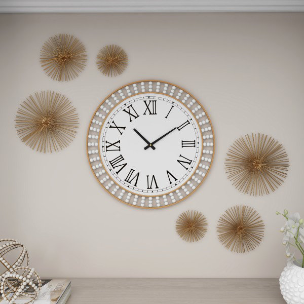 Mercer41 Goner Wood Beaded Decorative White Wall Clock with Gold Metal ...