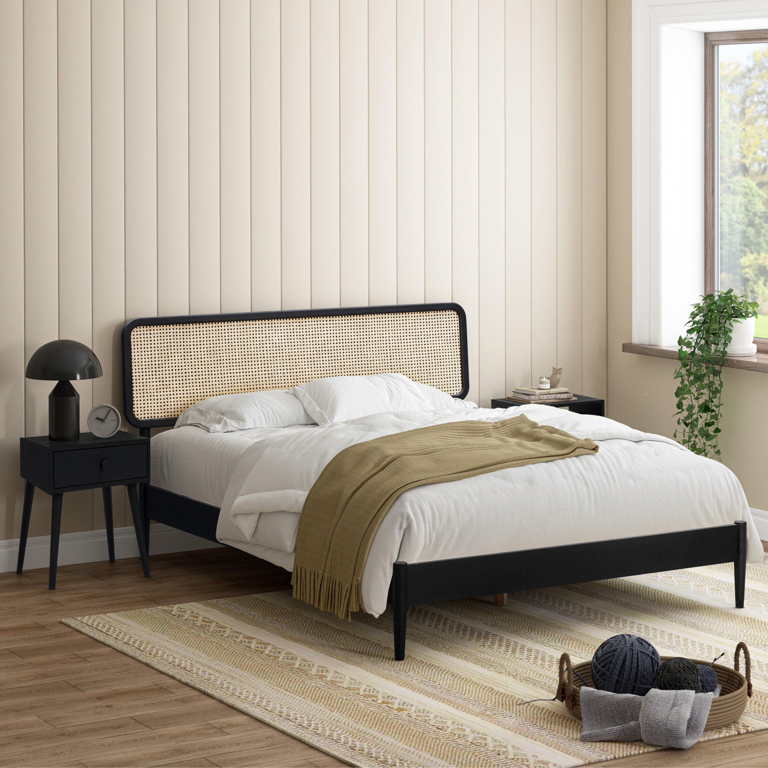 NTC Lupin Solid Wooden Bed Frame With Headboard And Natural Rattan ...