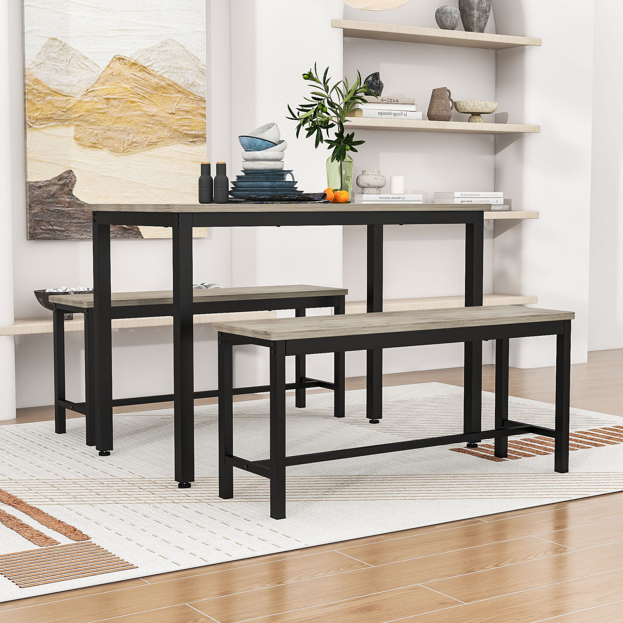 Ebern Designs 3-Piece Space-Saving Dining Table Set with 2 Benches and ...