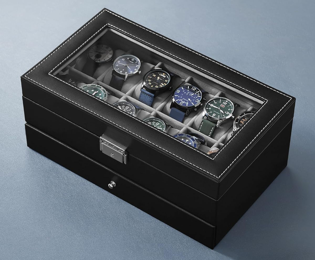 Latitude Run® 12-Slot Watch Box, Lockable Watch Case With Glass Lid, 2 ...