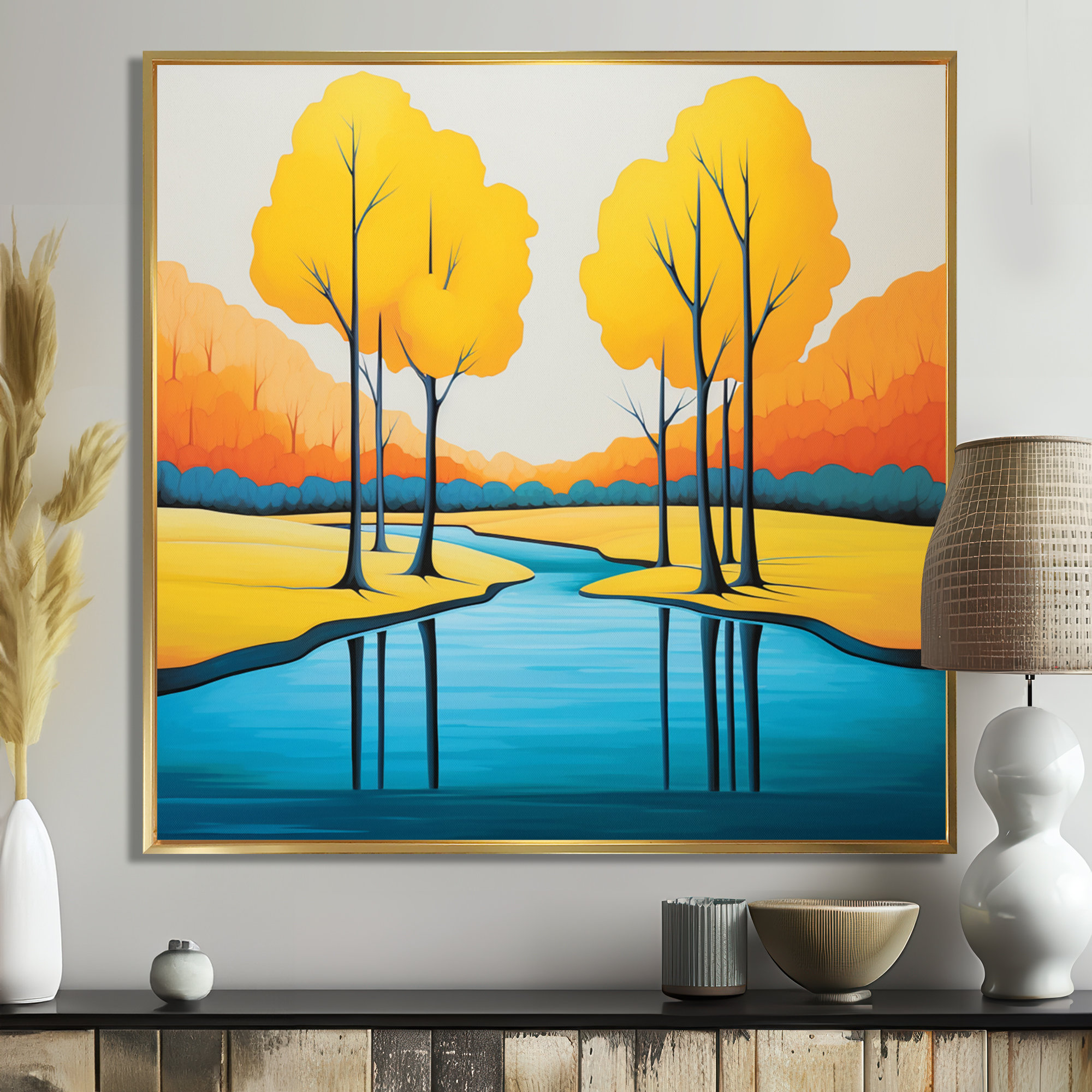 Millwood Pines Yellow Trees Autumn Forest River - River Wall Art Decor ...