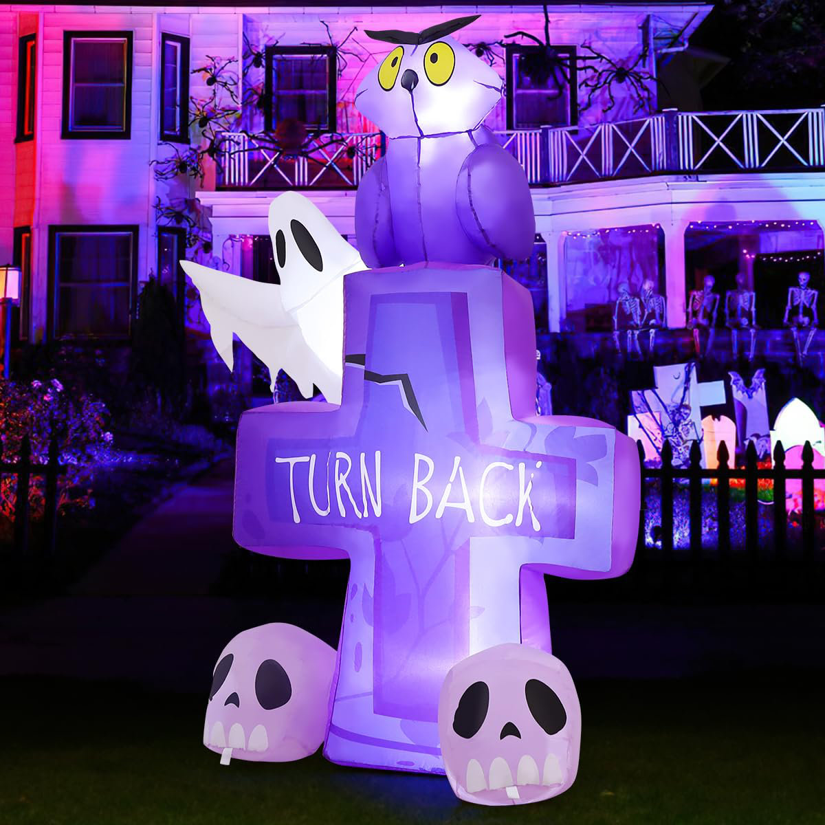 MOMEPT 6FT LED Halloween inflatable owl on tombstone with ghost & skull ...