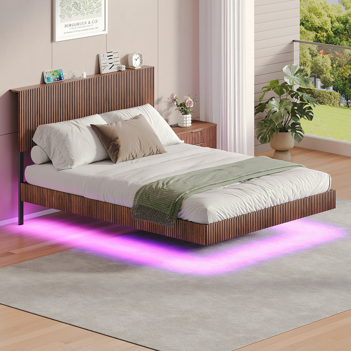 Ophelia & Co. Walnut Queen Floating Bedstead, With Charging Station And ...