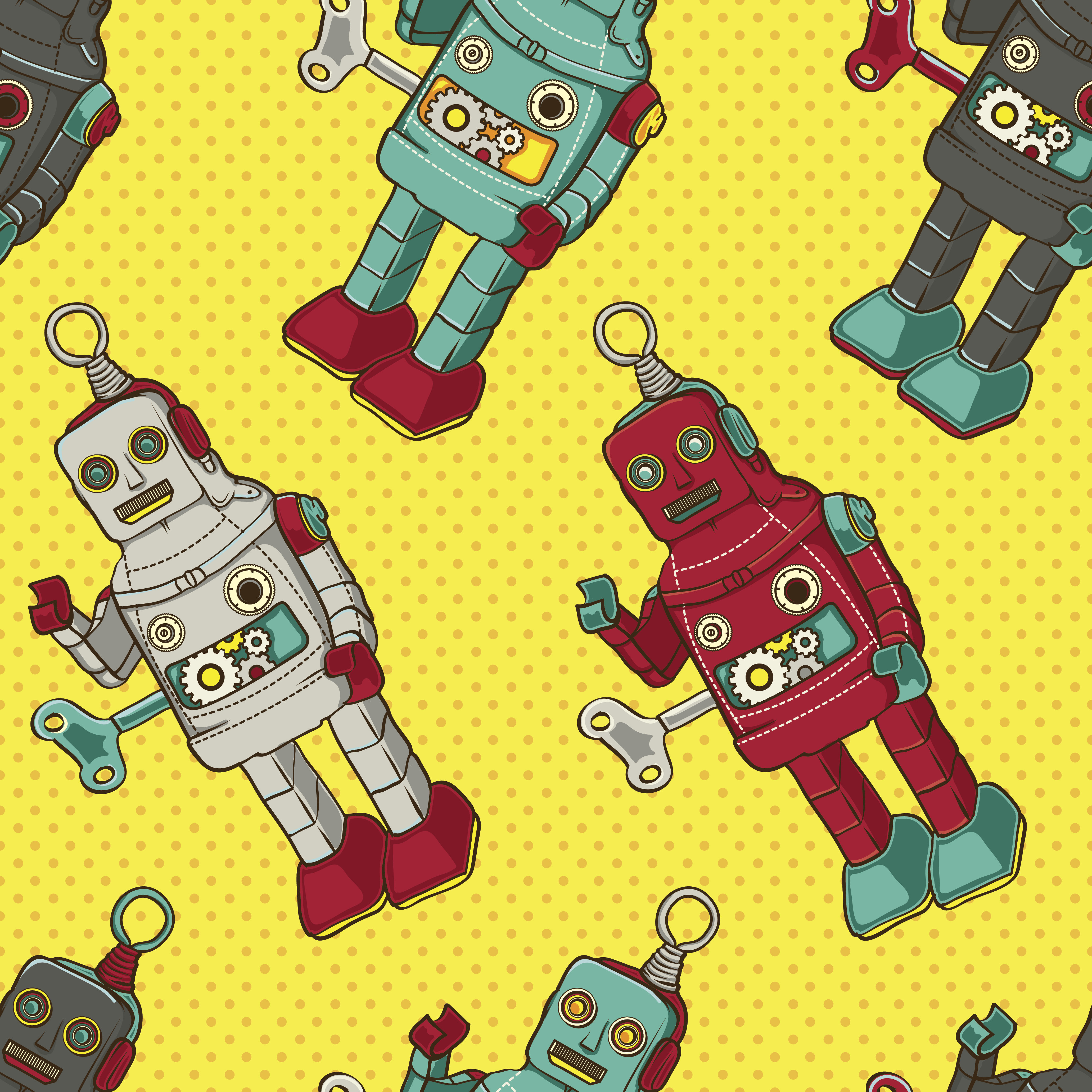 Zoomie Kids Vintage / Retro Colorful Robot Seamless Pattern, Vector ...