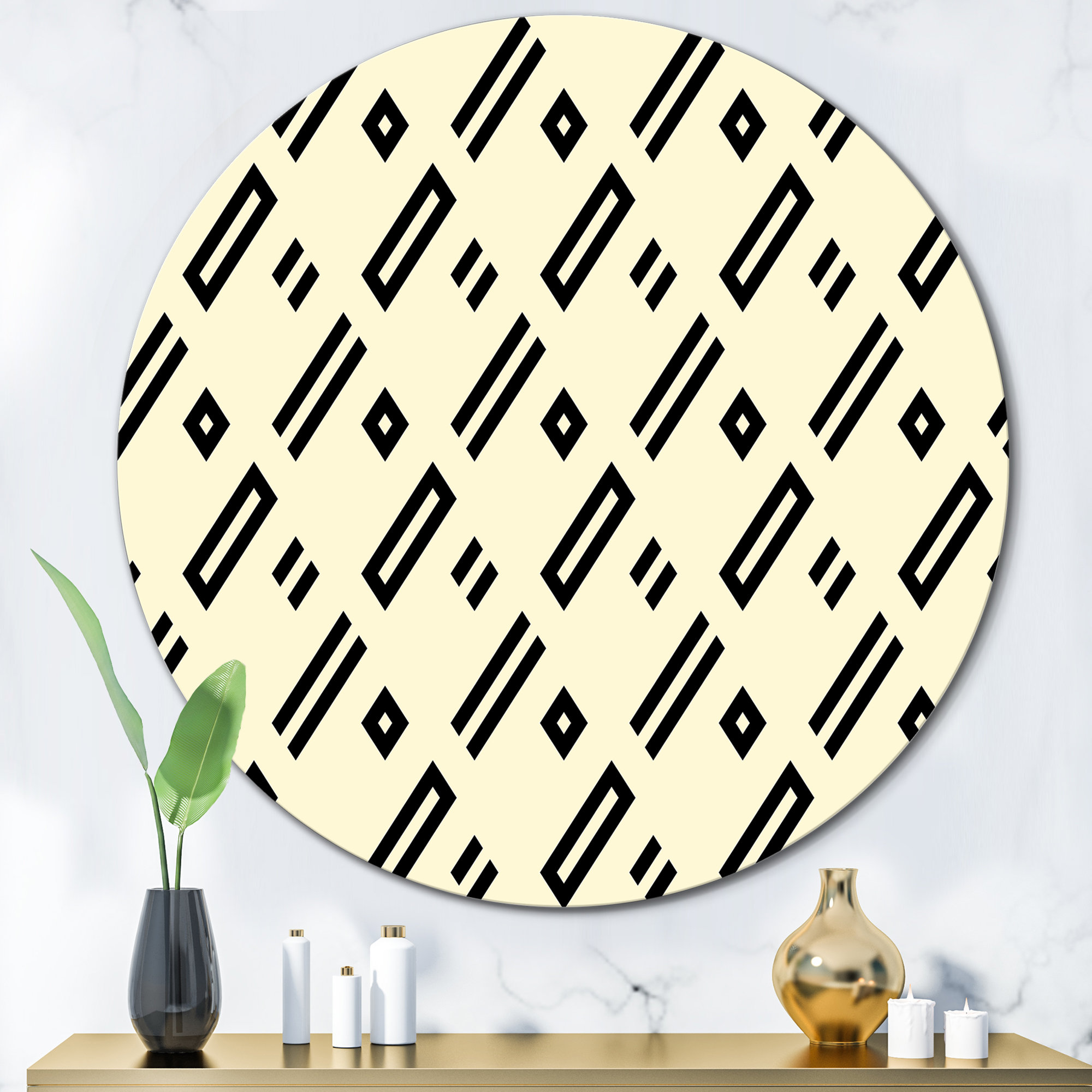 Latitude Run® Beige Black Diagonal Geometrics - Patterned Metal Circle ...