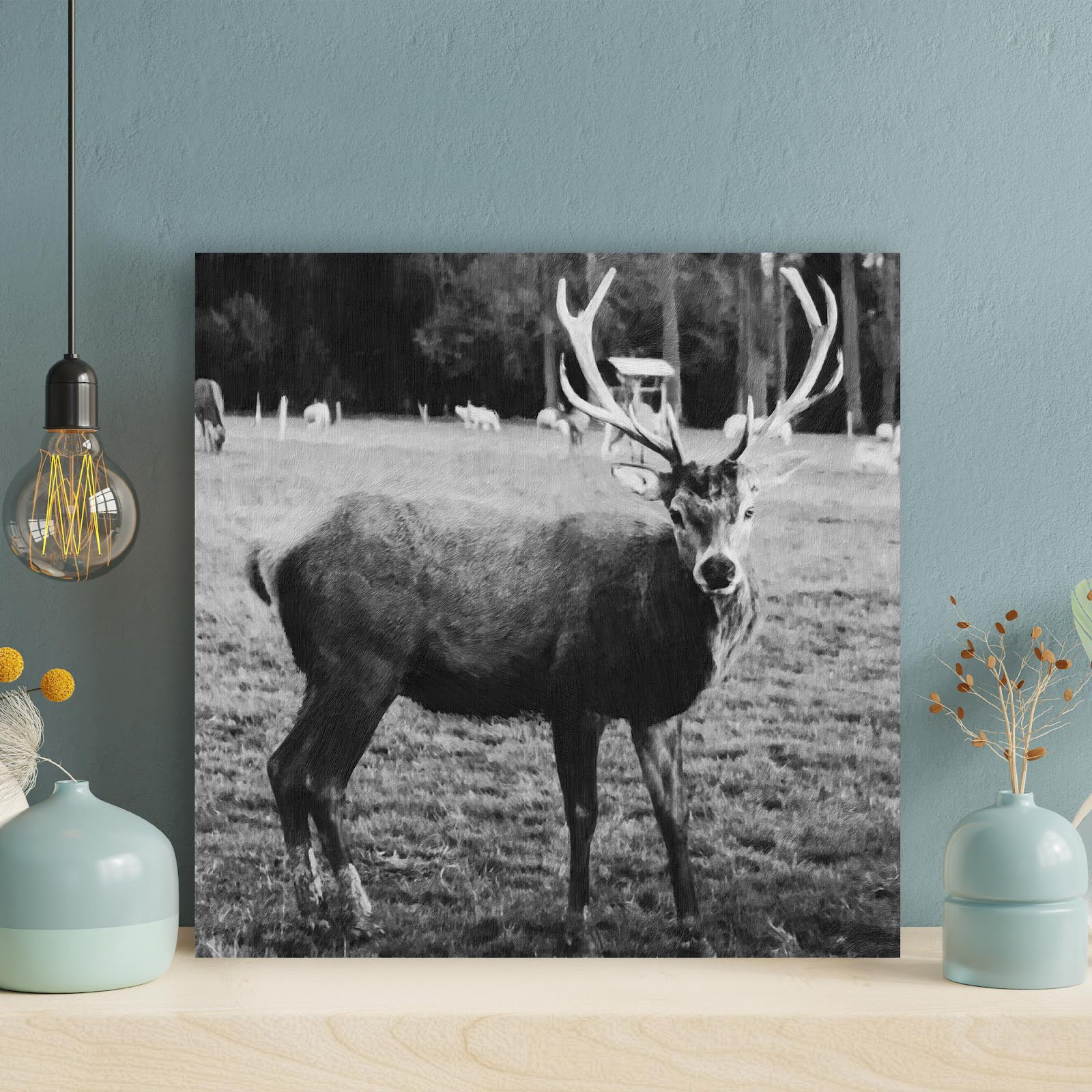 Loon Peak Grayscale Photo Of Deer On Grass Field - 1 Piece Square ...