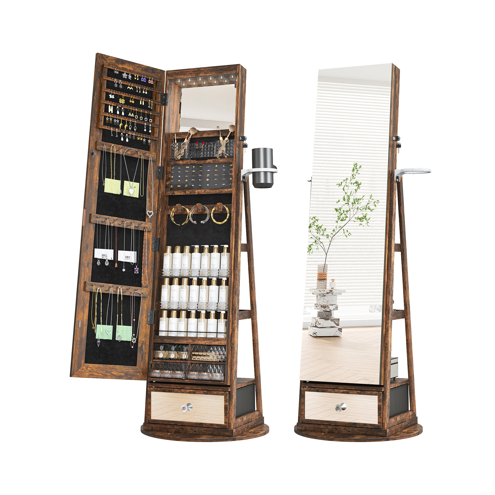 Ebern Designs Lonzel Jewelry Cabinet with Mirror, Jewelry Armoire ...