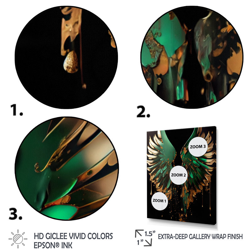 Everly Quinn Eleya Green And Gold Angel Wings II On Canvas 3 Pieces ...
