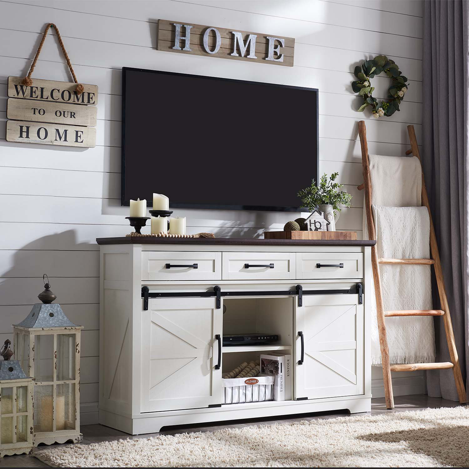 Gracie Oaks Vasilike 54 W Farmhouse TV Stand with 3 Drawers, Media ...
