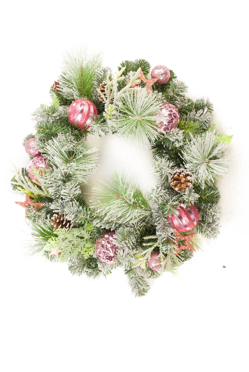 The Holiday Aisle® Hanging Flocked Pink Plastic Mixed Foliage Wreath ...