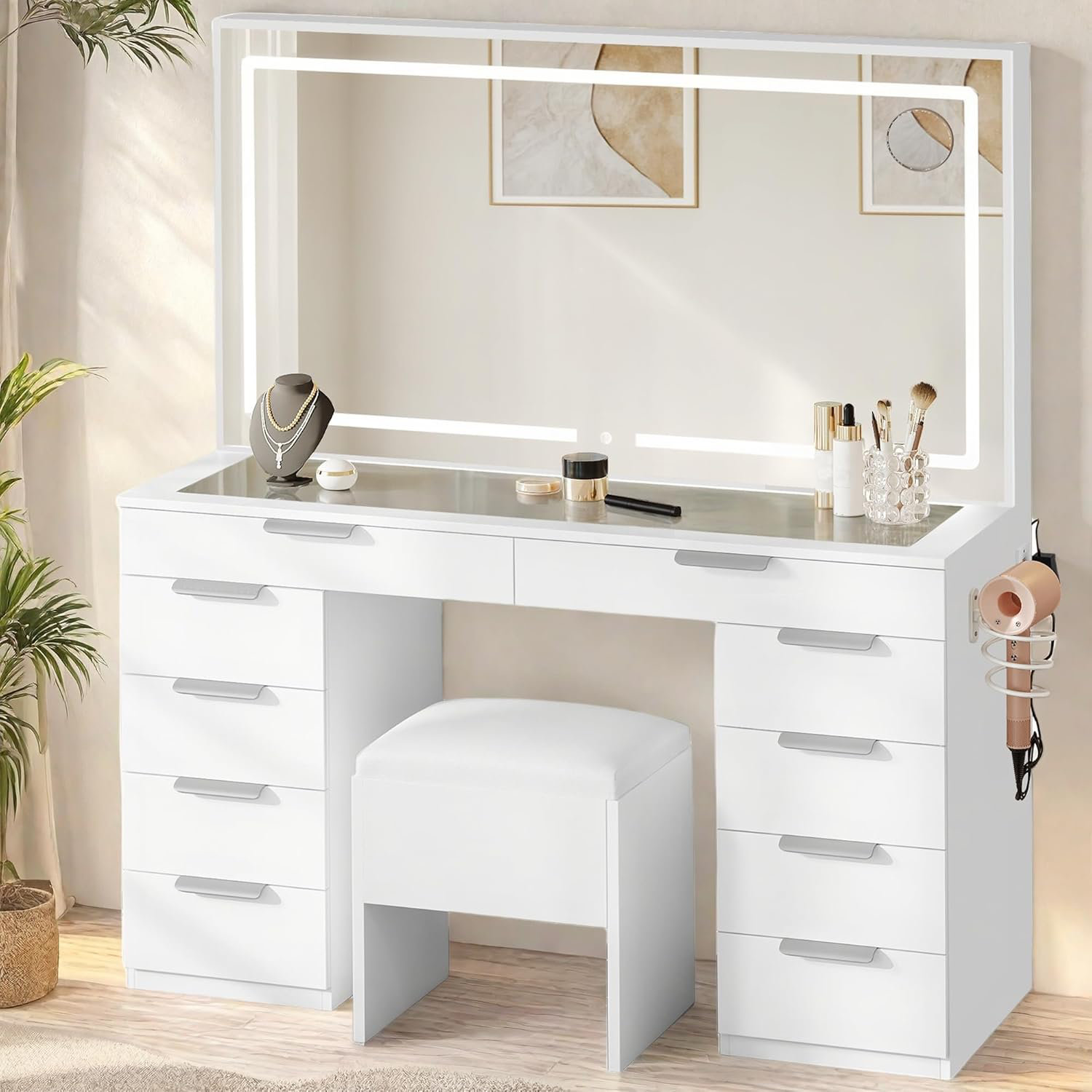 Orren Ellis 10-Drawer Glass Top Vanity with LED Light Strip & Extra ...