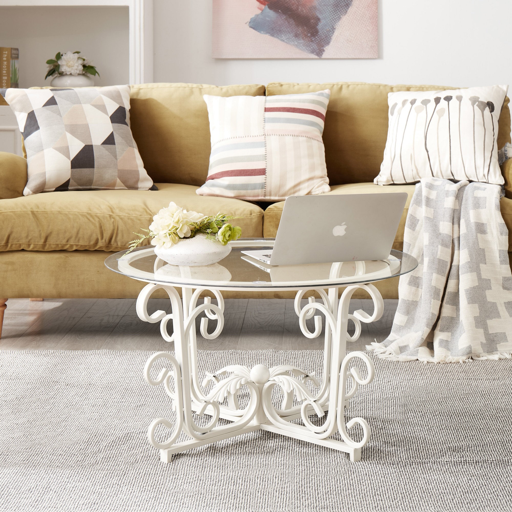Charlton Home® Glass Coffee Table with Sturdy Iron Leaf-shape Base ...