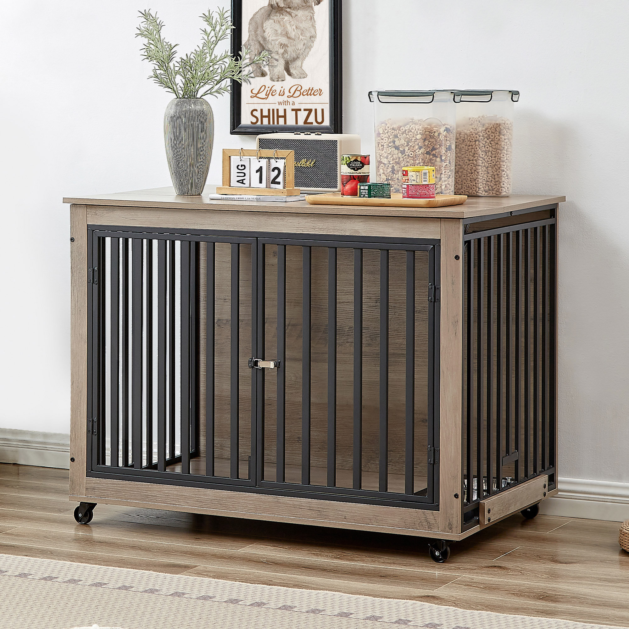 ExpressThrough Dog Crate Side Table With Feeding Bowl, Wheels, Three ...