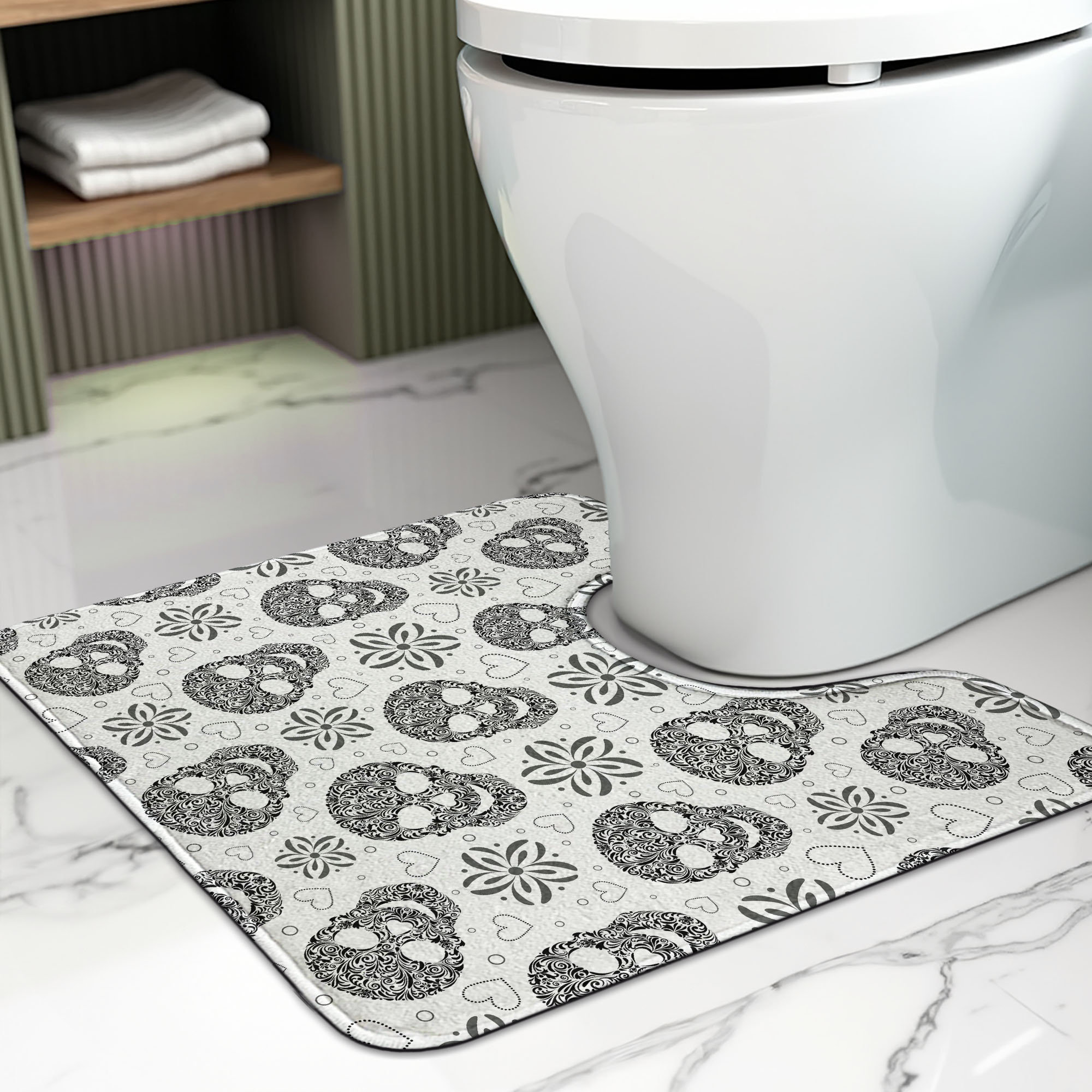 East Urban Home Skull Toilet Mat U-Shape Bathroom Rug 20" White Black ...