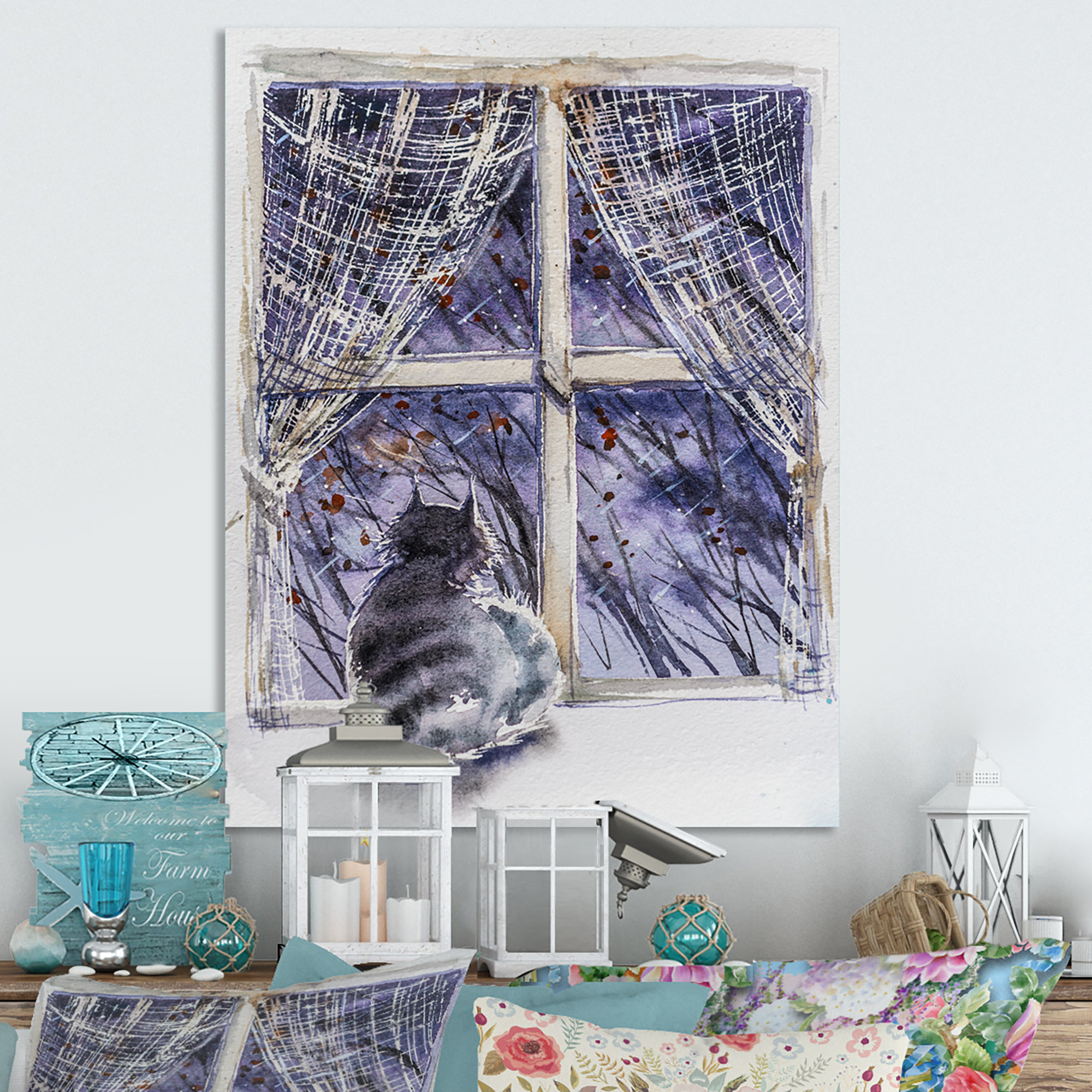 Winston Porter Cartoon Cat Looking At Snow - Cabin & Lodge Canvas ...