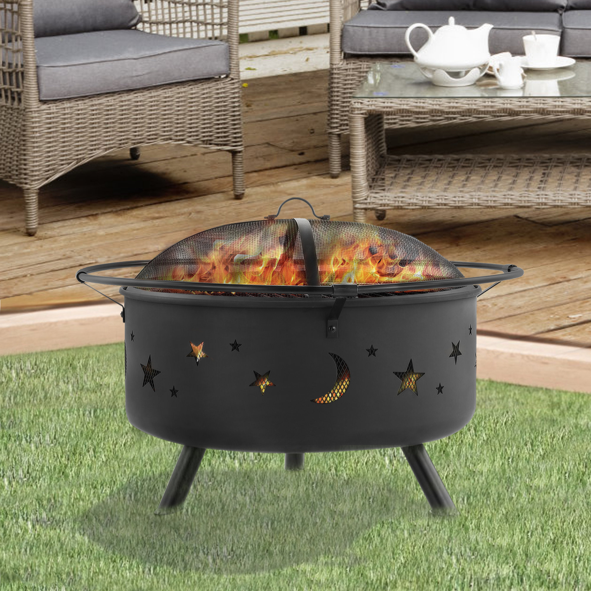Red Barrel Studio® Outdoor Patio Steel Wood Burning Fire Pit with Lid ...