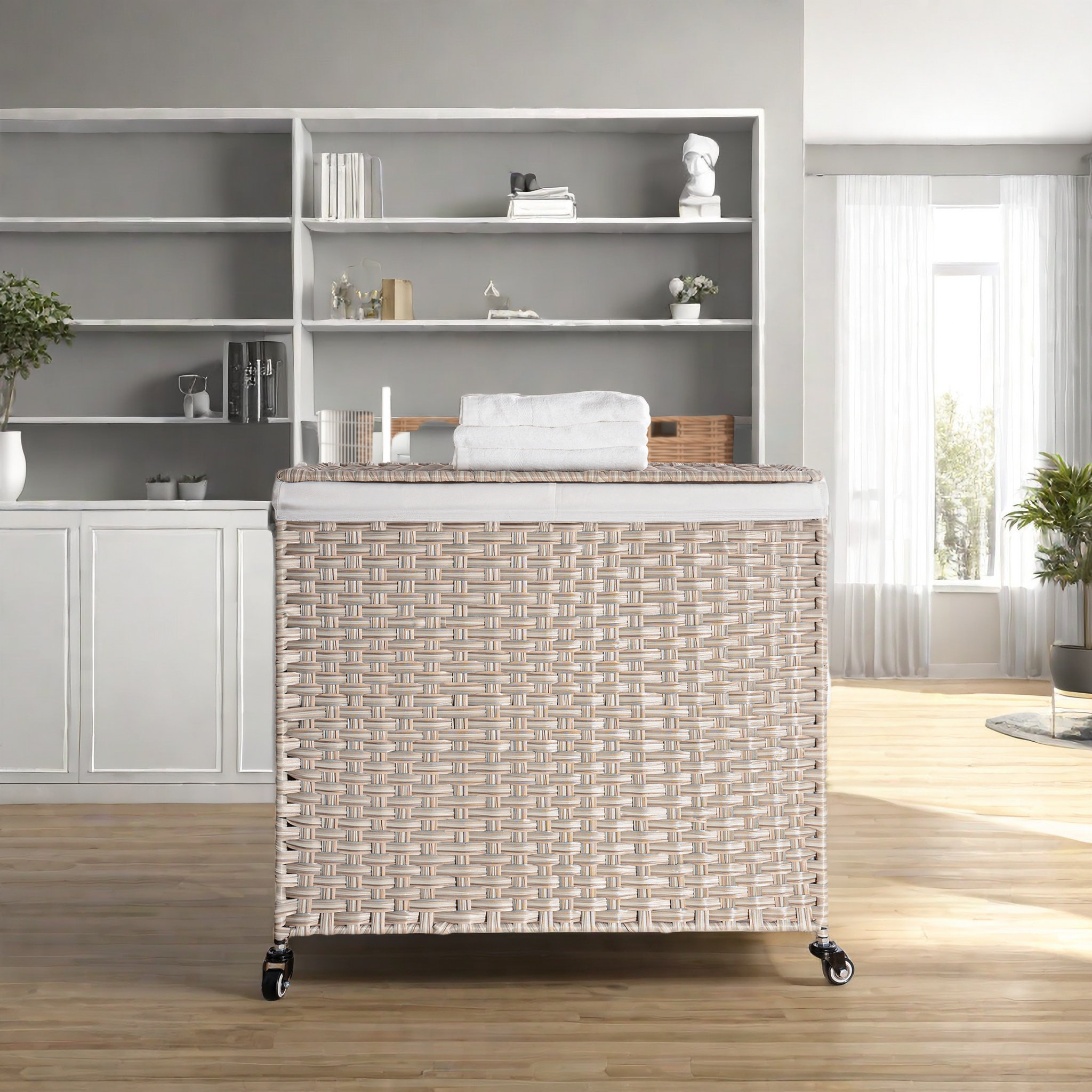 Gracie Oaks Laundry Hamper With Lid & 2 Liners & 4 Wheels, 160L/42 ...