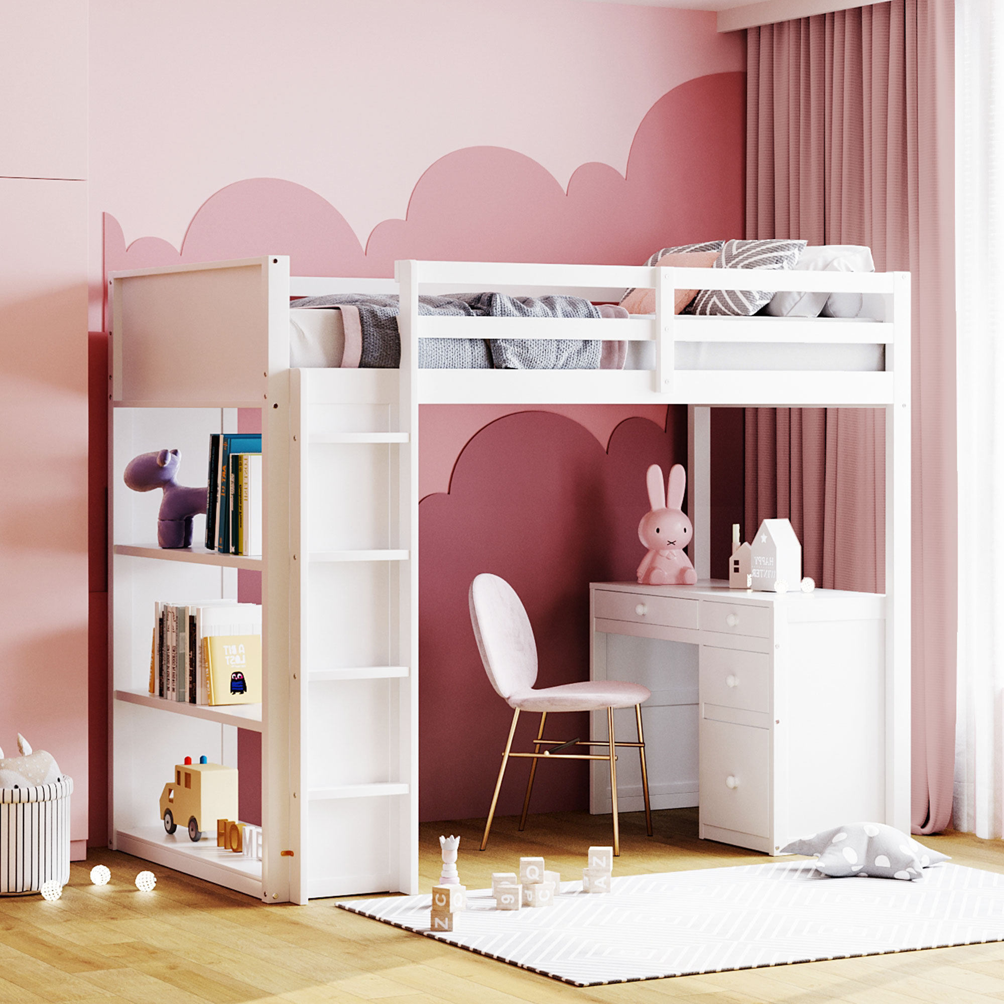 Harriet Bee Harmonie 5 Drawer Loft Bed with Built-in-Desk and Bookcase ...