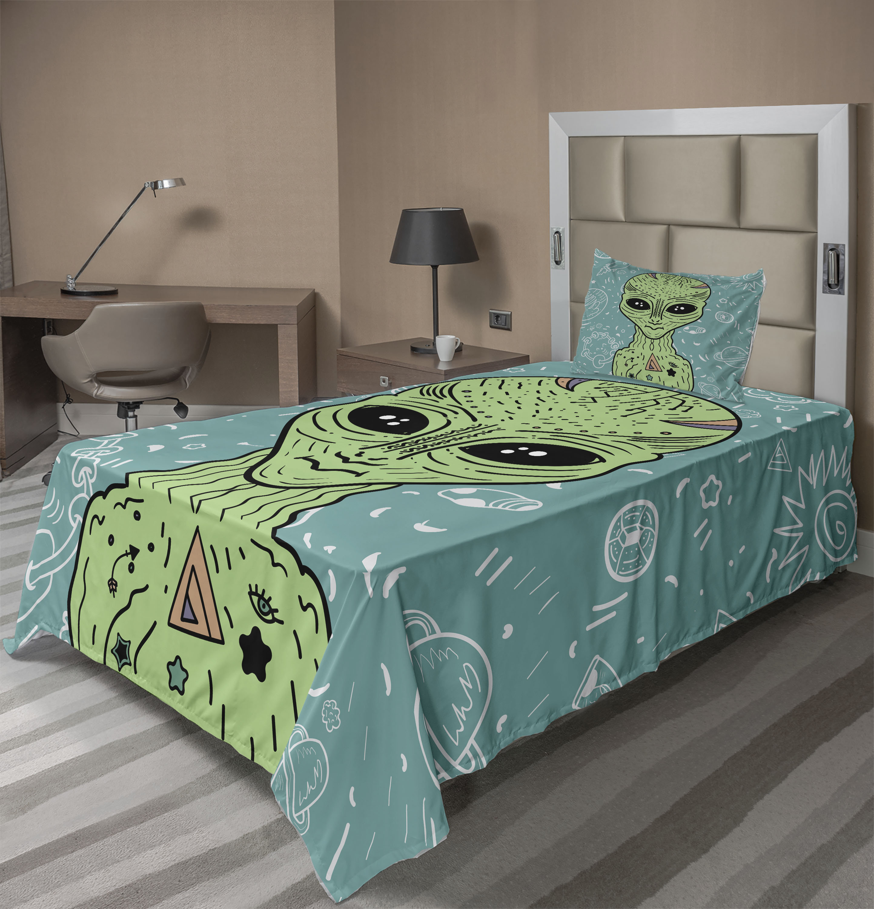 Ambesonne Alien Sheet Set Celestial Space Character Pistachio Green ...