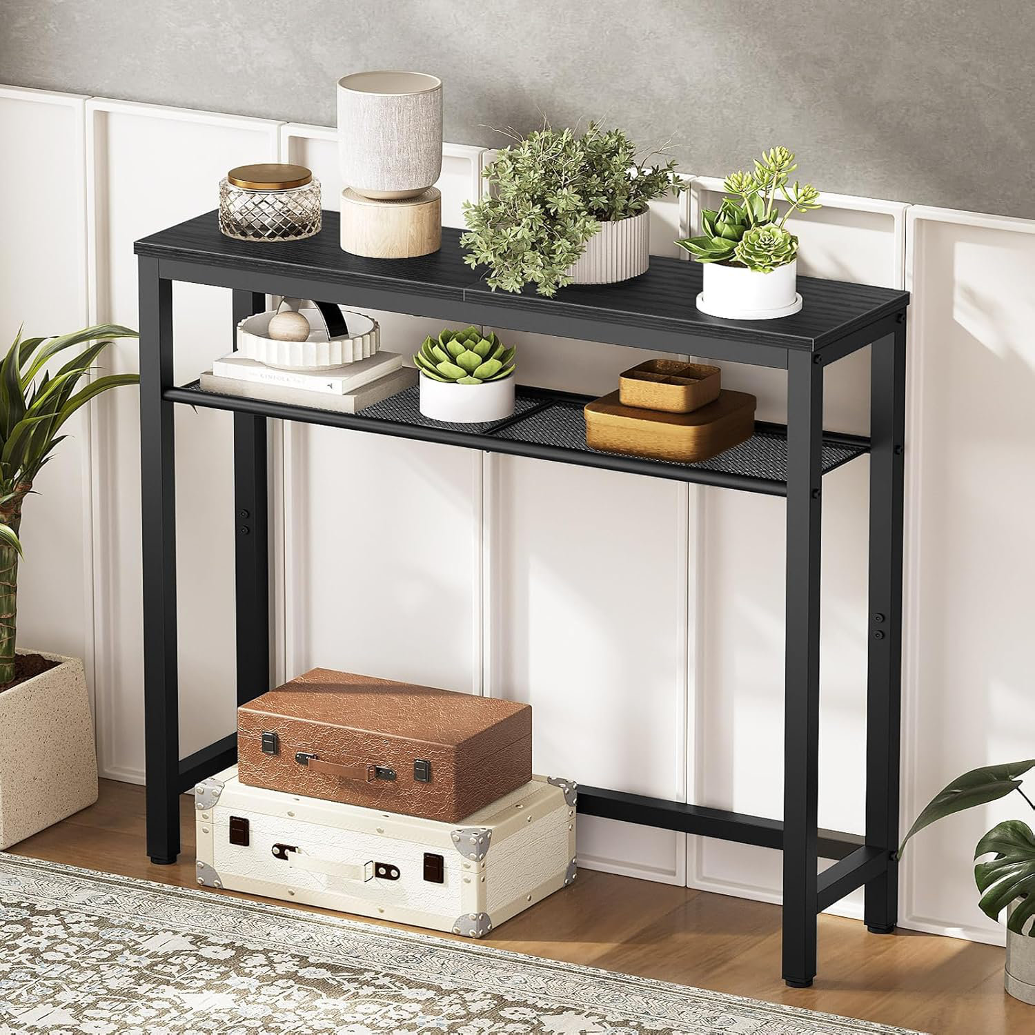 17 Stories Narrow Sofa Table, Modern Entryway Table With 2 Shelves ...