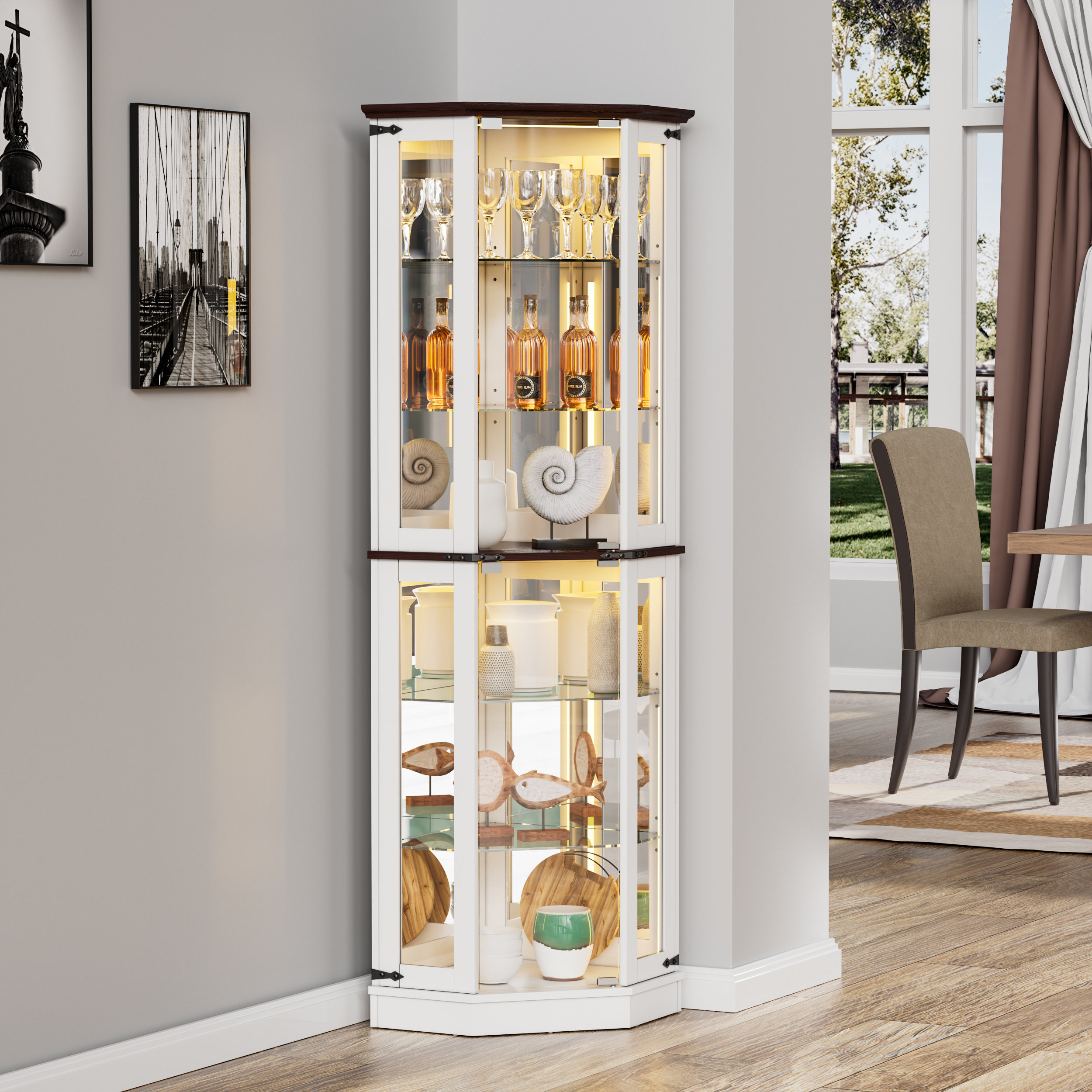 Wrought Studio armoire de coin blanche, vitrines éclairées avec ...