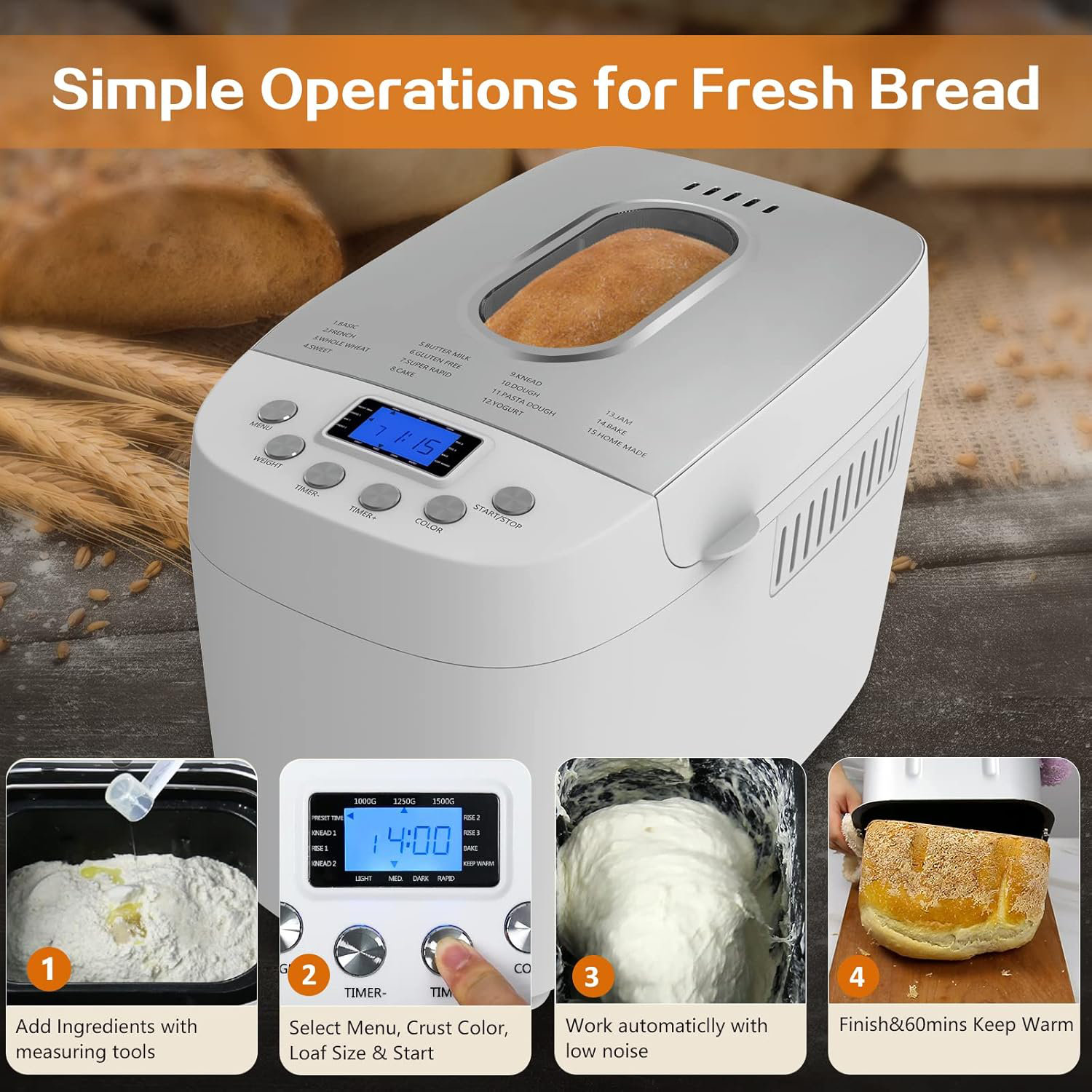 Davivy 15-in-1 Automatic Bread Maker Machine 3.3LB Dough Maker with ...