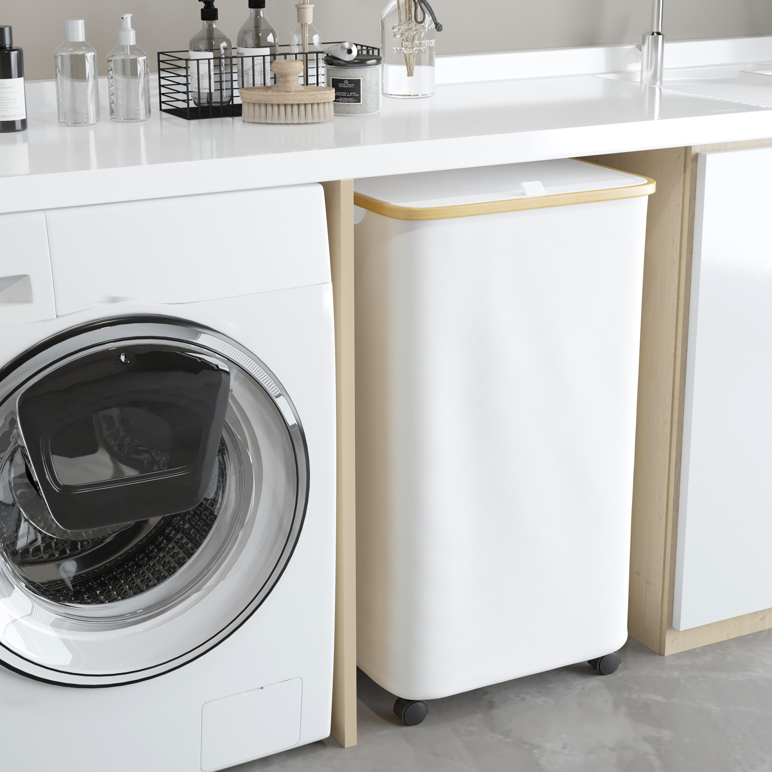 SpaceAid 100L (26 Gal) Rolling Laundry Hamper with Lid and Bamboo Handle, Large Clothes Basket ...