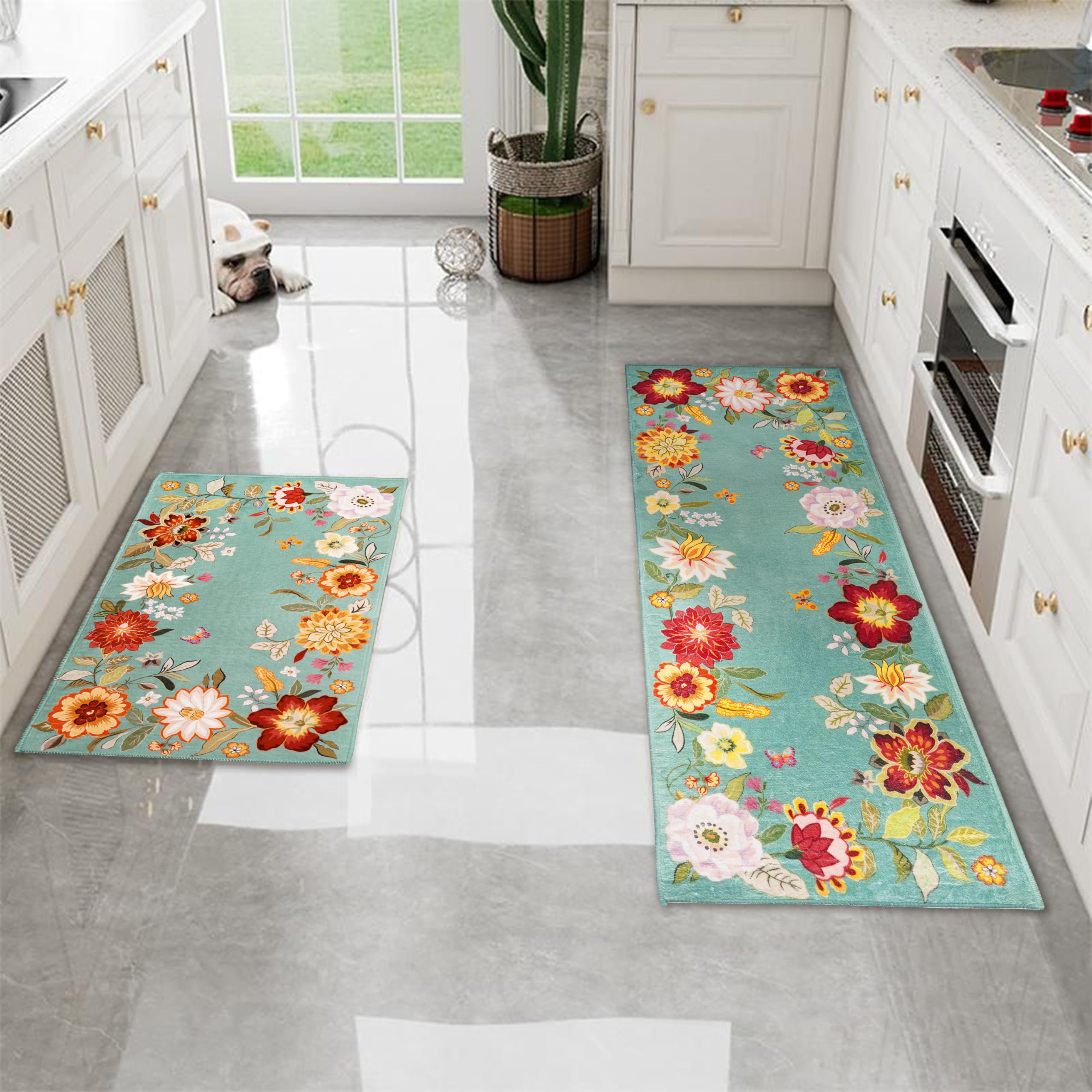 Red Barrel Studio Floral Kitchen Rugs Set of 2, Non-Slip Cushioned Anti ...