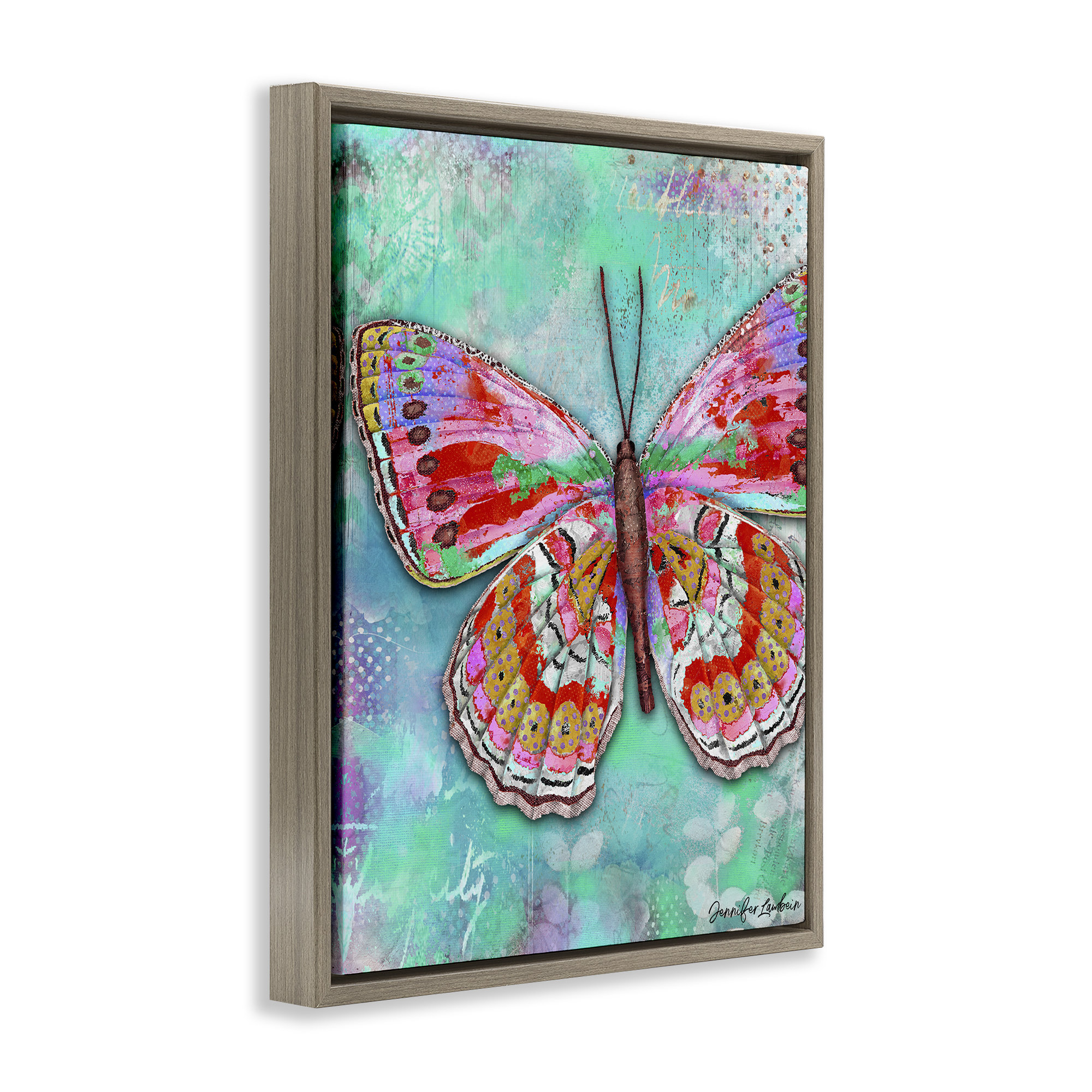 August Grove® Cherry Mint Butterfly Brown Framed Floater Canvas Wall ...