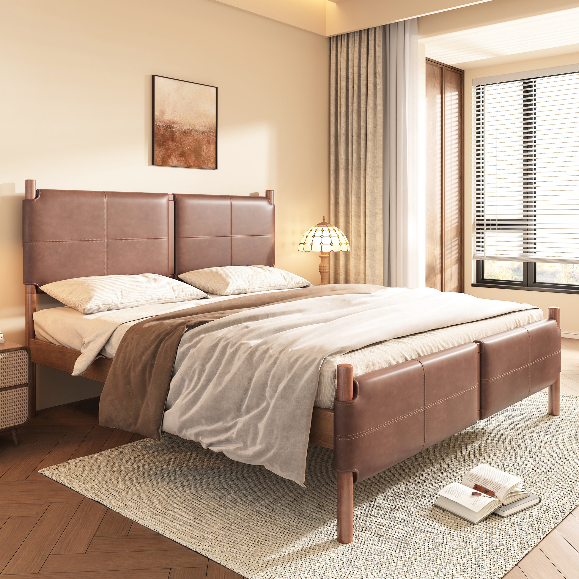 Latitude Run® Queen Panel Bed With Brown Faux Leather Upholstered ...