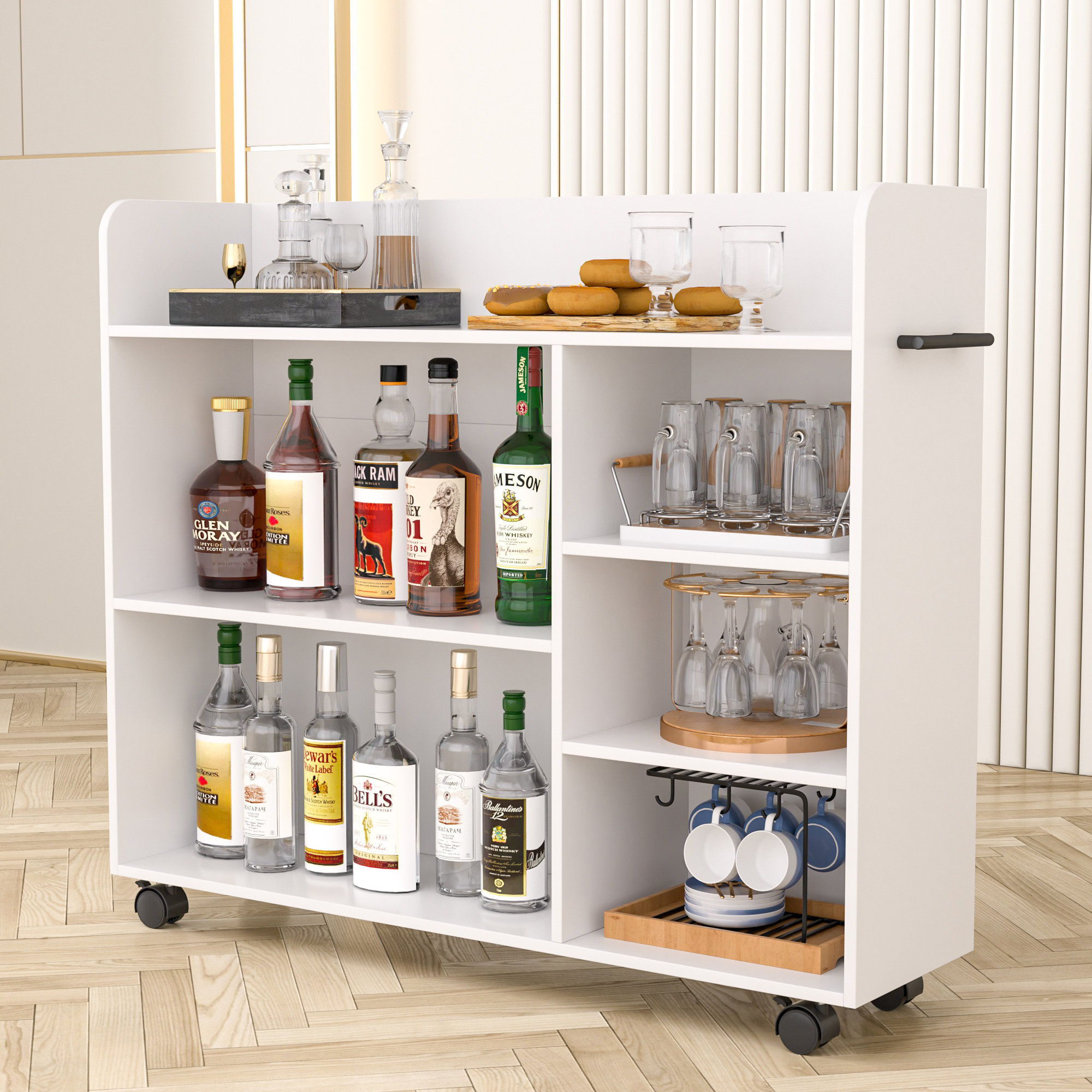 Ebern Designs White Rolling Kitchen Island Cart Irregular Storage Grid ...