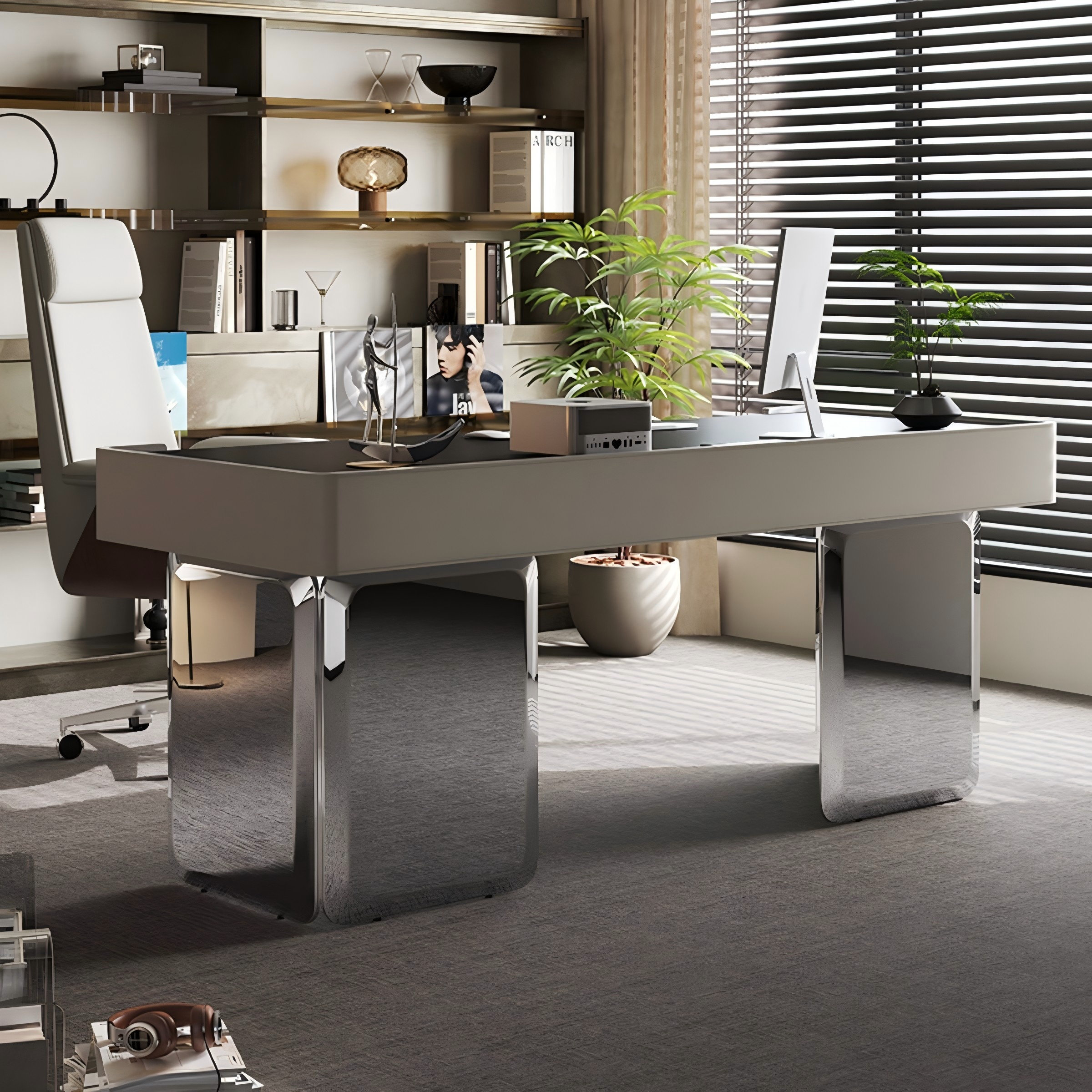 Tha Dream Team Simple Pure Black Sintered Stone Desktop Office Desk Set ...