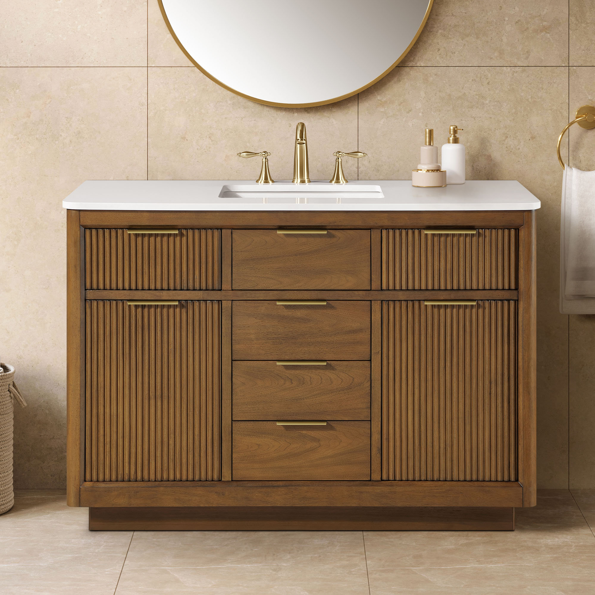 OVE Decors Noah Meuble-lavabo simple autoportant en noyer chaud avec ...