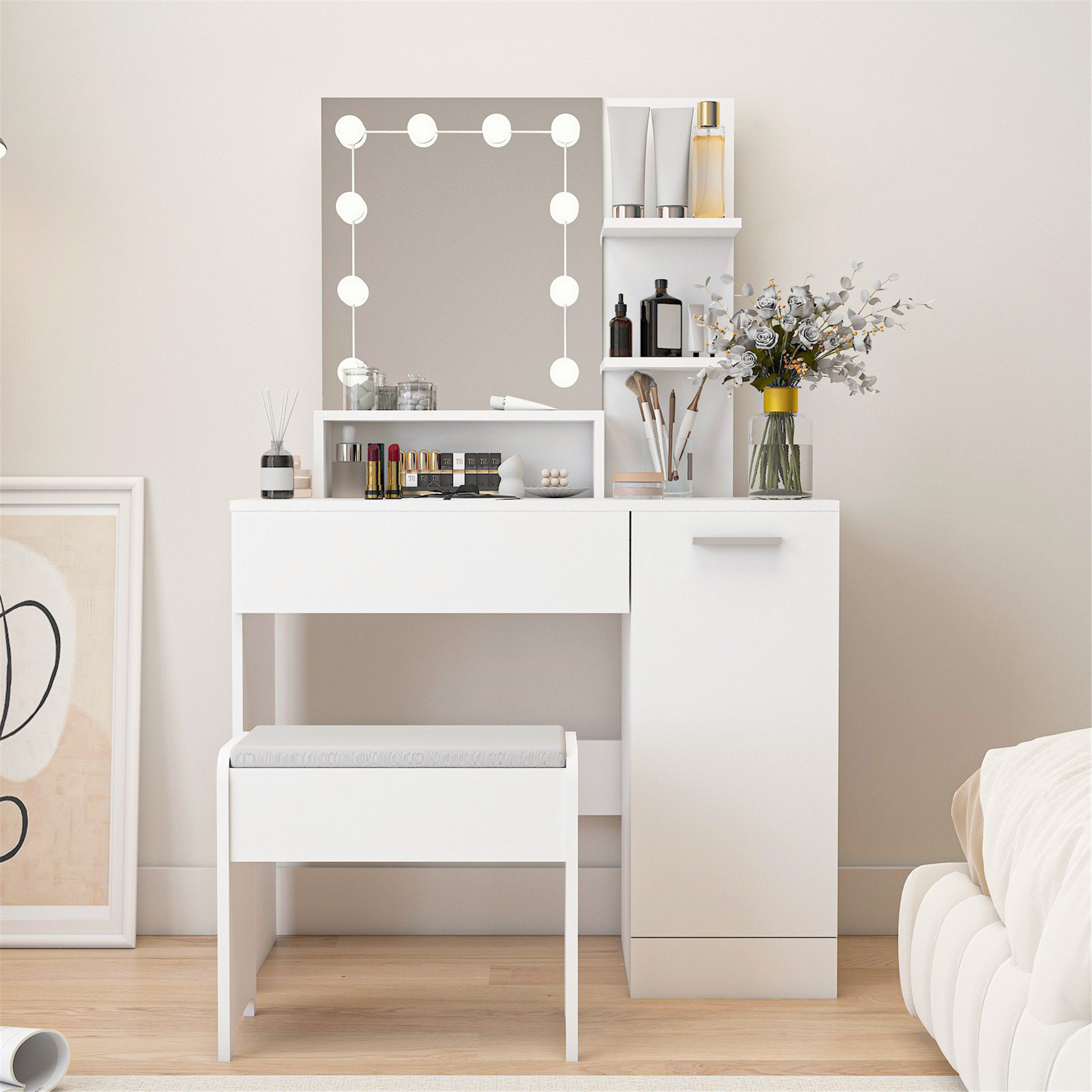 Ebern Designs Makeup Vanity Table Set With Drawer And Storage Cabinet ...