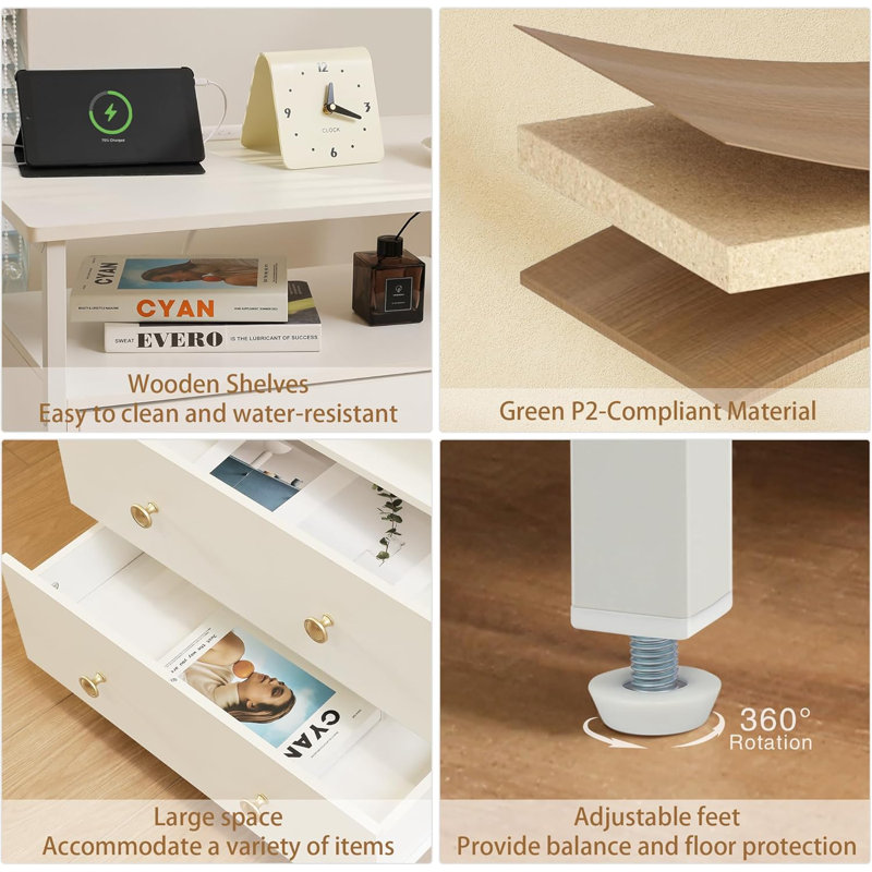 Mercer41 27 inch Wide Nightstand with Charging Station, Bedside Table ...