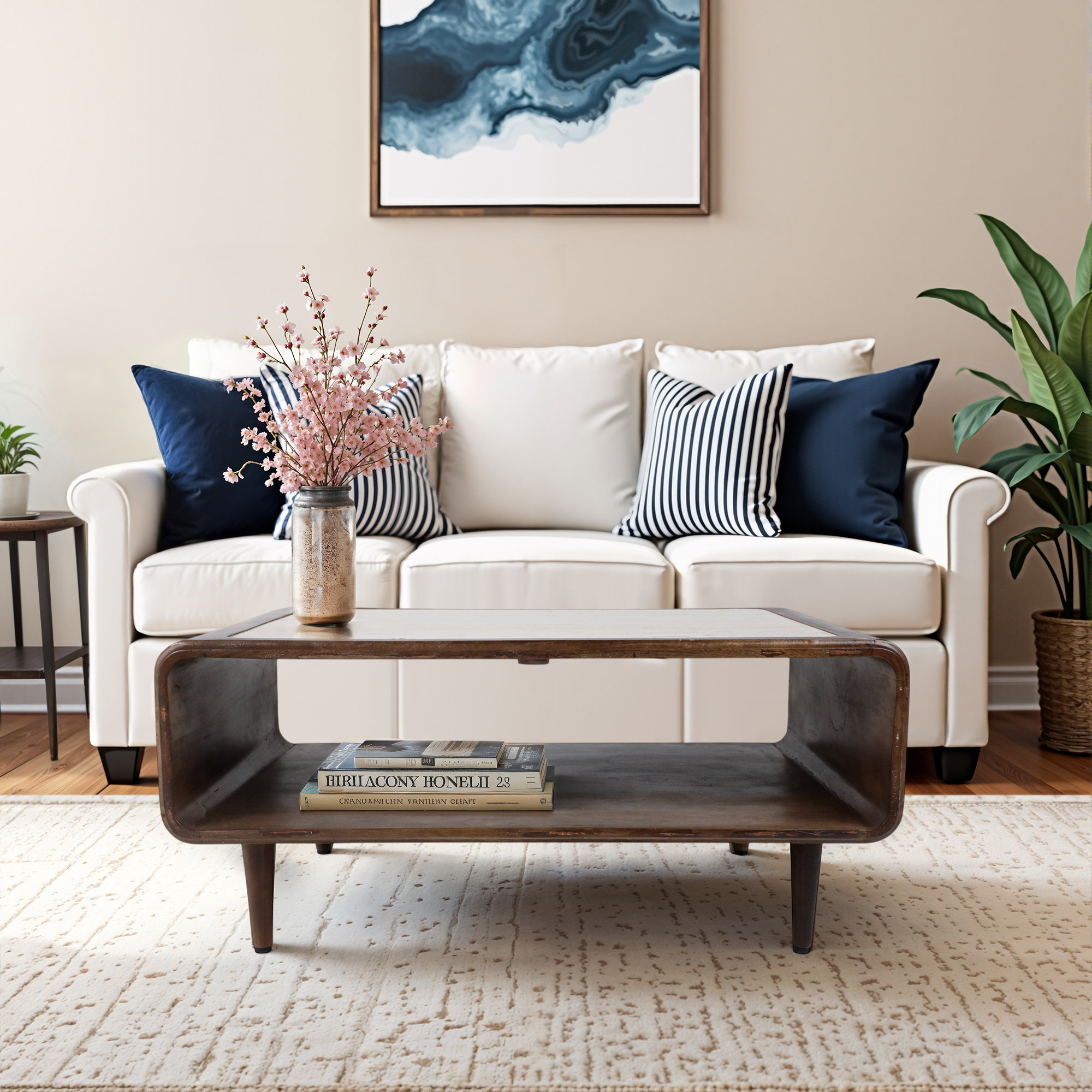 Hokku Designs Modern Mango Wood & Travertine Coffee Table with Open ...