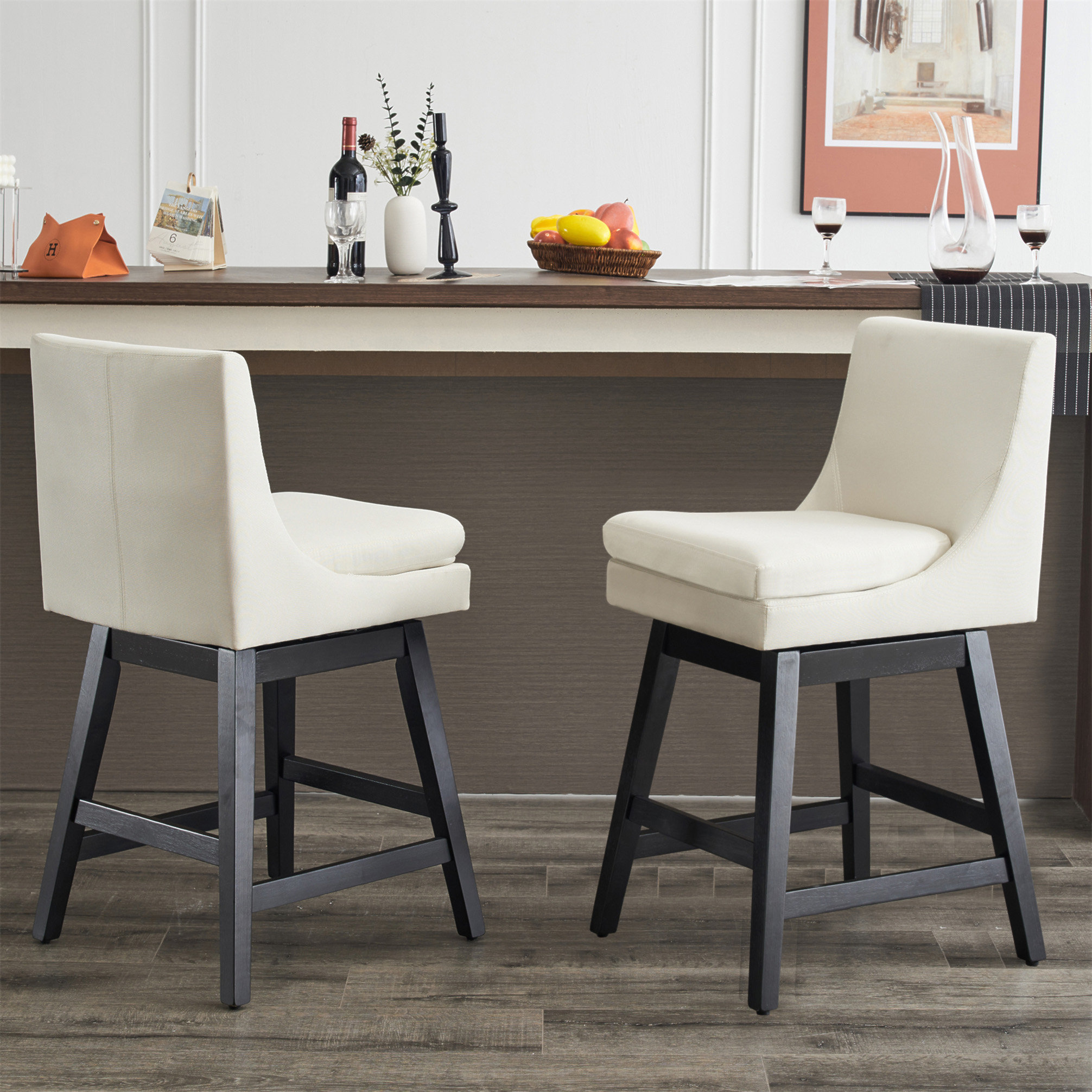 STYLISH 26" Upholstered Swivel Bar Stools Set Of 2, Modern Linen Fabric ...