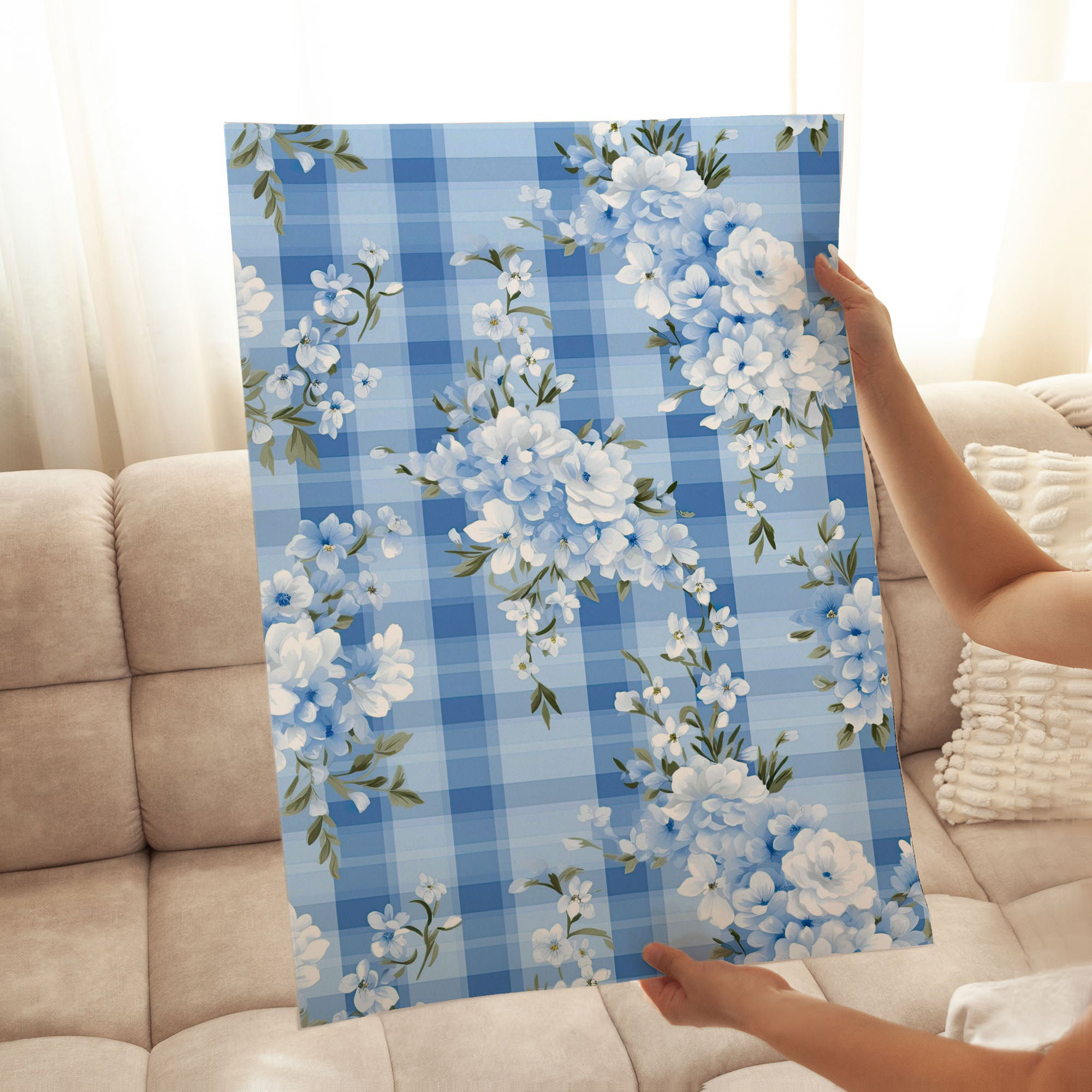 Winston Porter Floral Blue Gingham Flowers VIII Shabby Chic Unframed ...