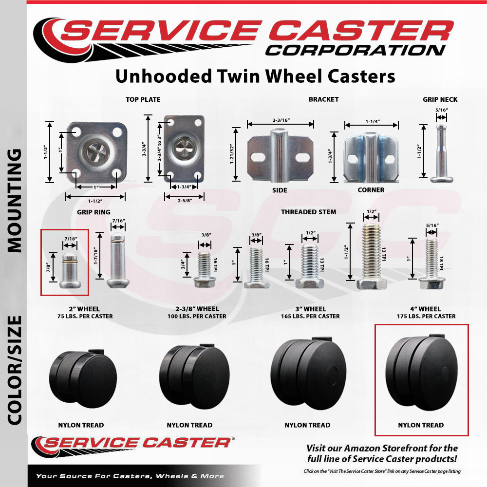 Service Caster 4 Inch Extra Large Heavy Duty Twin Wheel Caster 7/16 Grip Ring Stem Set of 5 ...