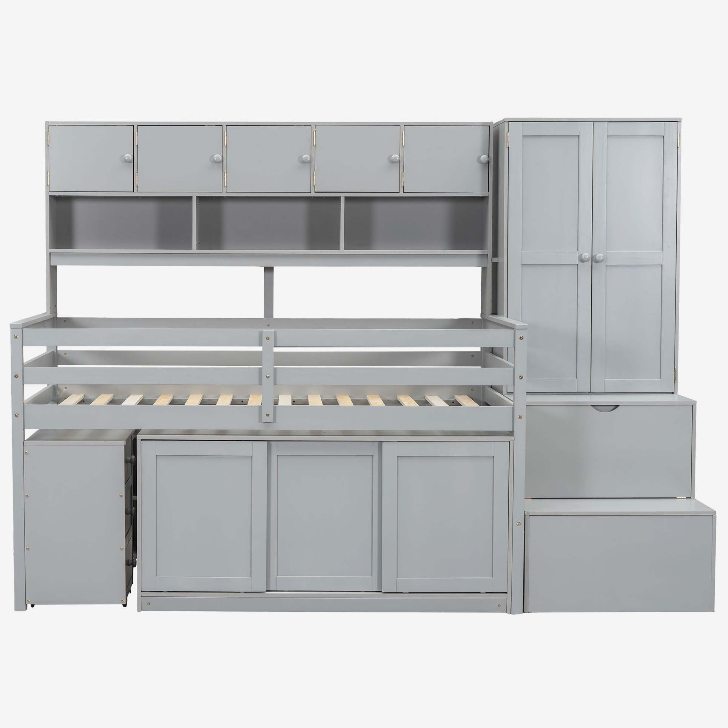 Rongeng Wooden Loft Bed Big Storage with Under-bed Desk, with Drawers ...