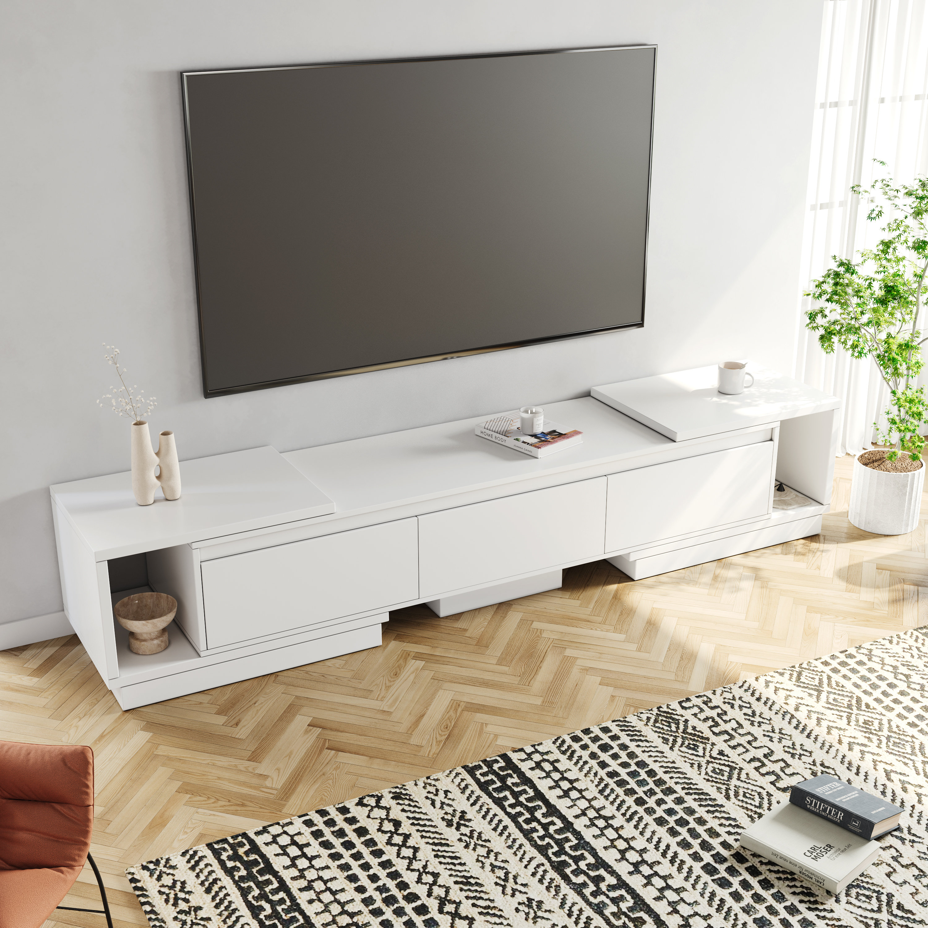 Gracie Oaks Youssouf Extendable TV Stand with Three Drawers | Wayfair