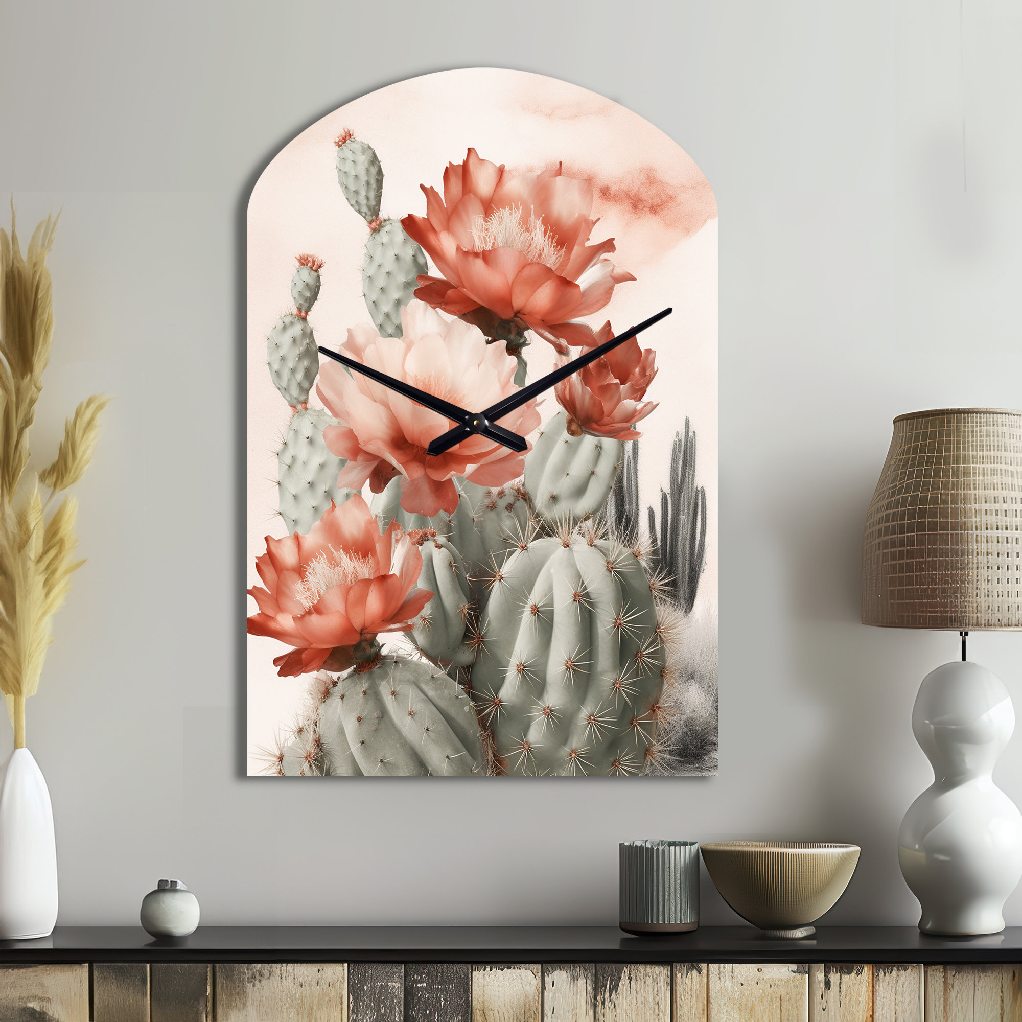 Design Art Red Desert Cactus - Arch Shape Decorative Red Leaves Wall ...