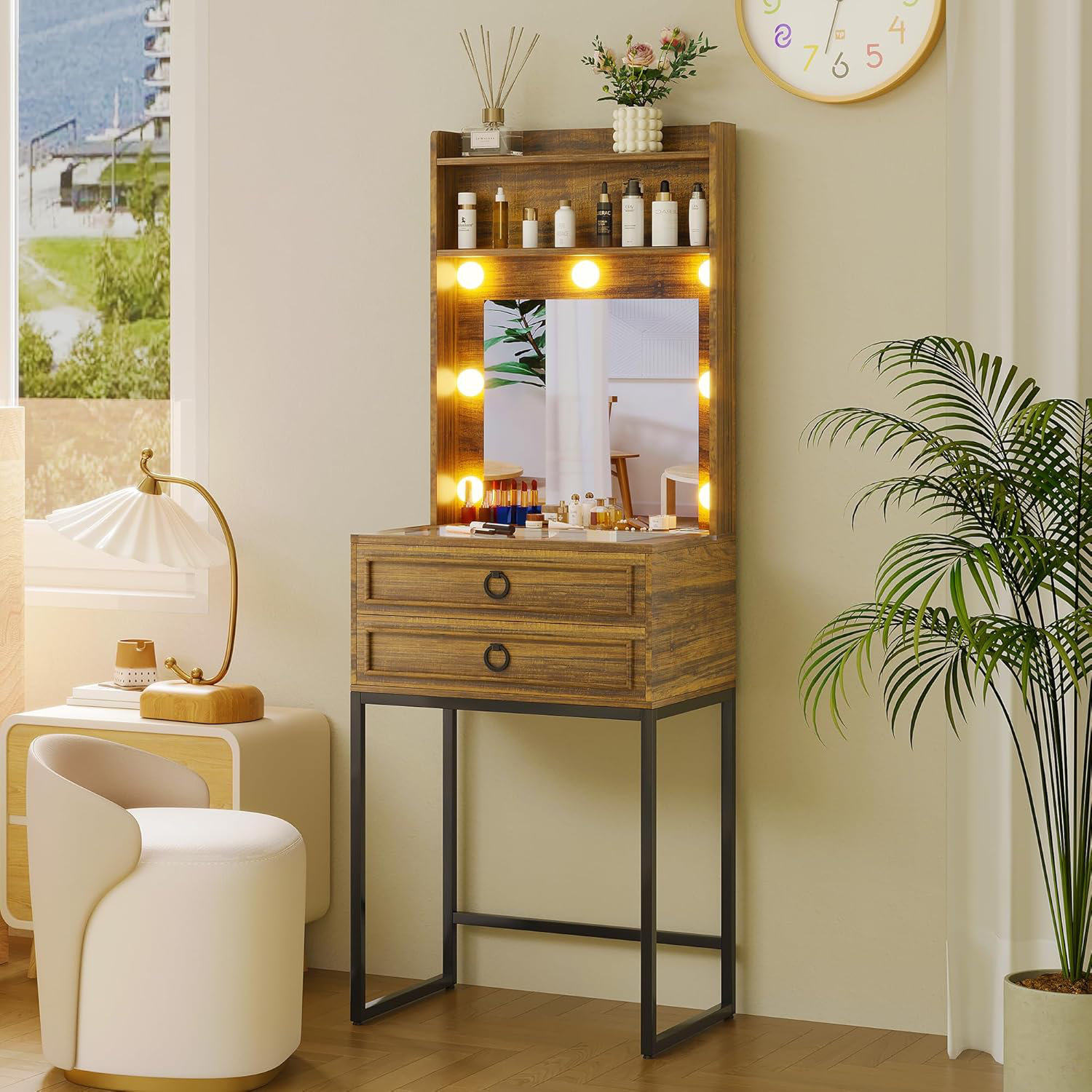 17 Stories Small Makeup Vanity with Glass Top, Brown Vanity Desk with ...