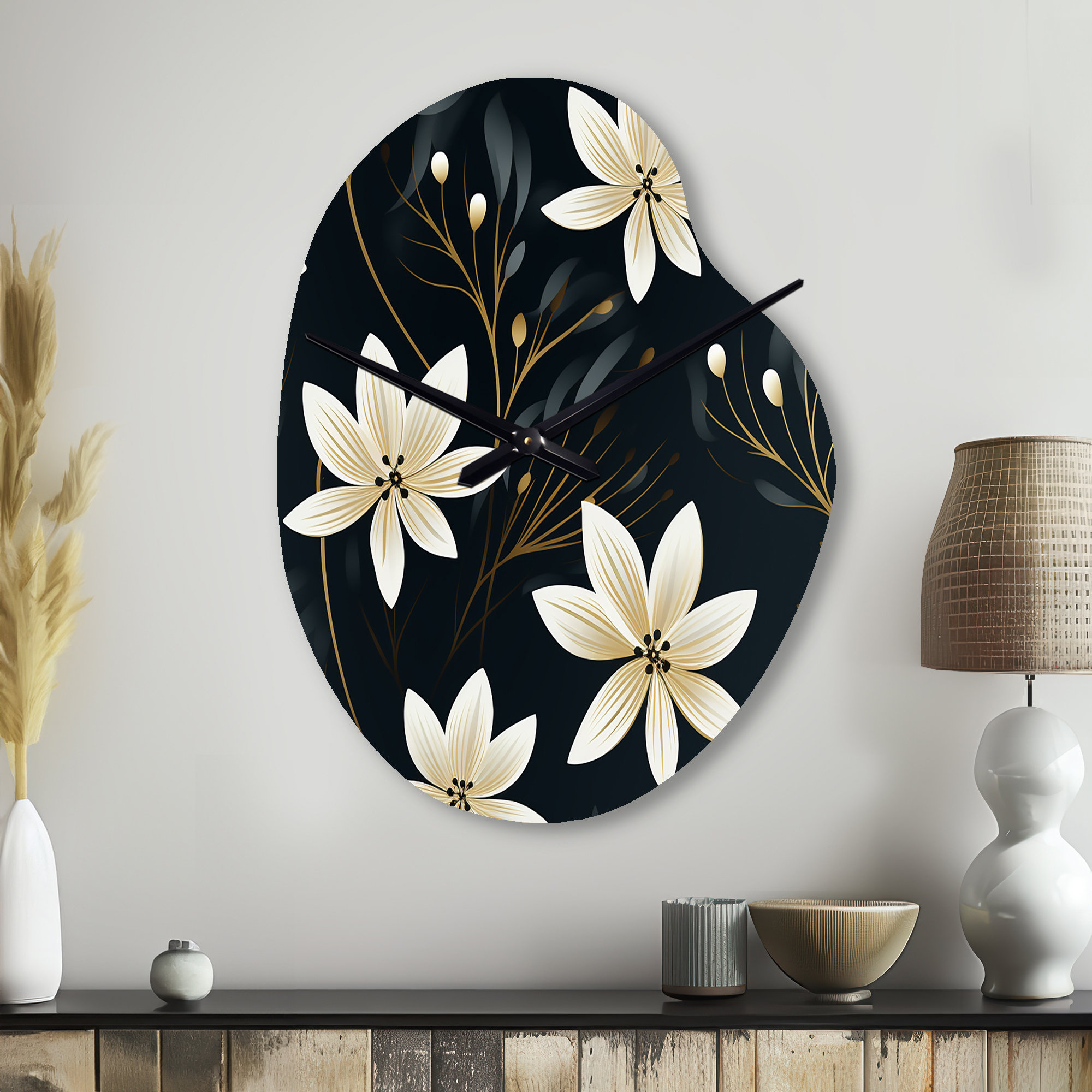 Design Art Black & Ivory Elegant Floral Pattern - Pear Shape Unique ...