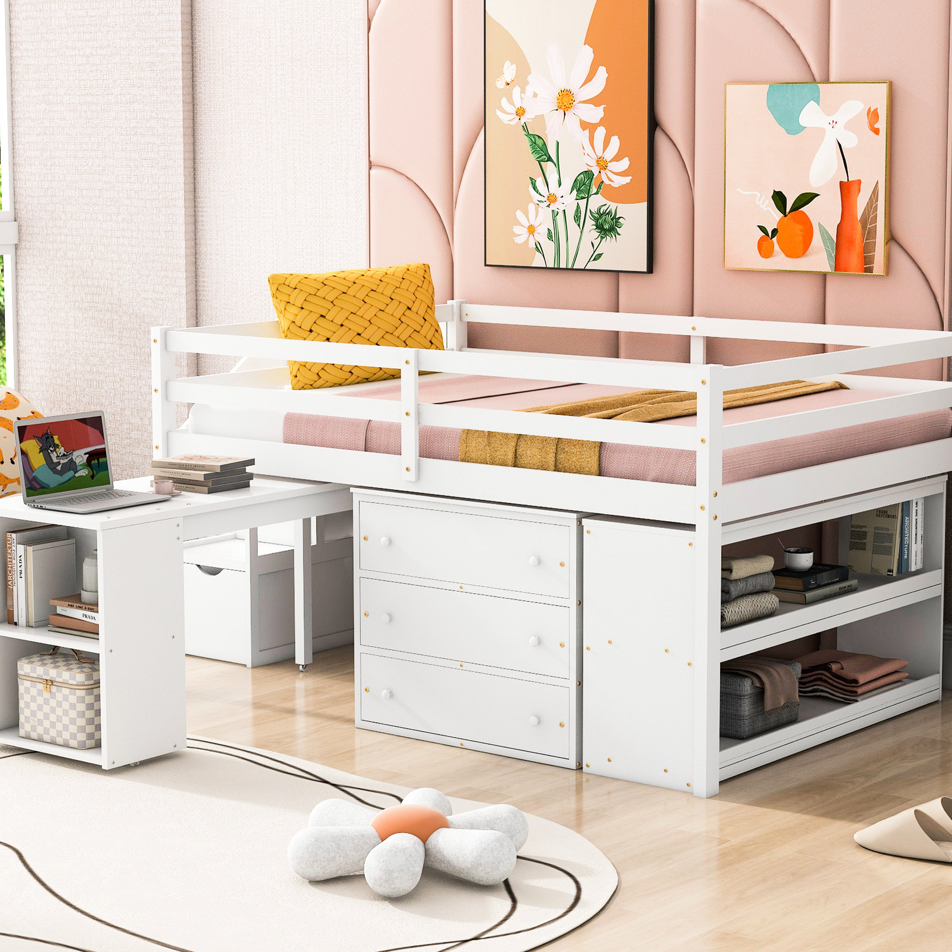 Harriet Bee Solid Wood Loft Bed With Retractable Writing Desk & Storage ...